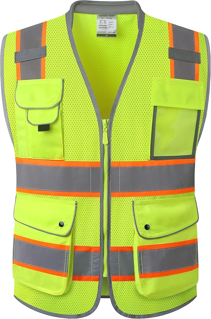 JKSafety 9 Pockets Hi-Vis Safety Vest Breathable Mesh Fabric Cushioned ...