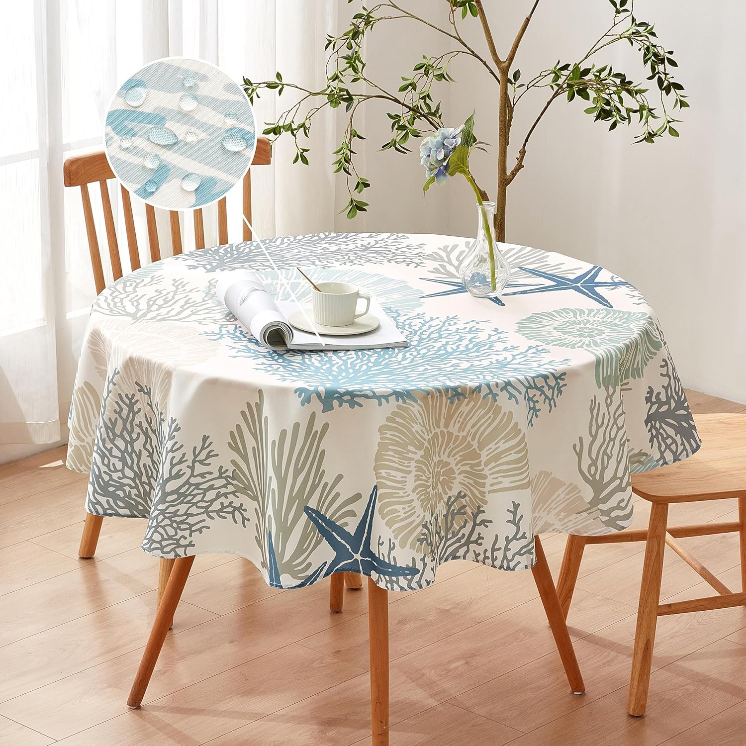 Amazon.com: Nautical Coastal Round Tablecloth 60 Inch - Starfish Coral ...
