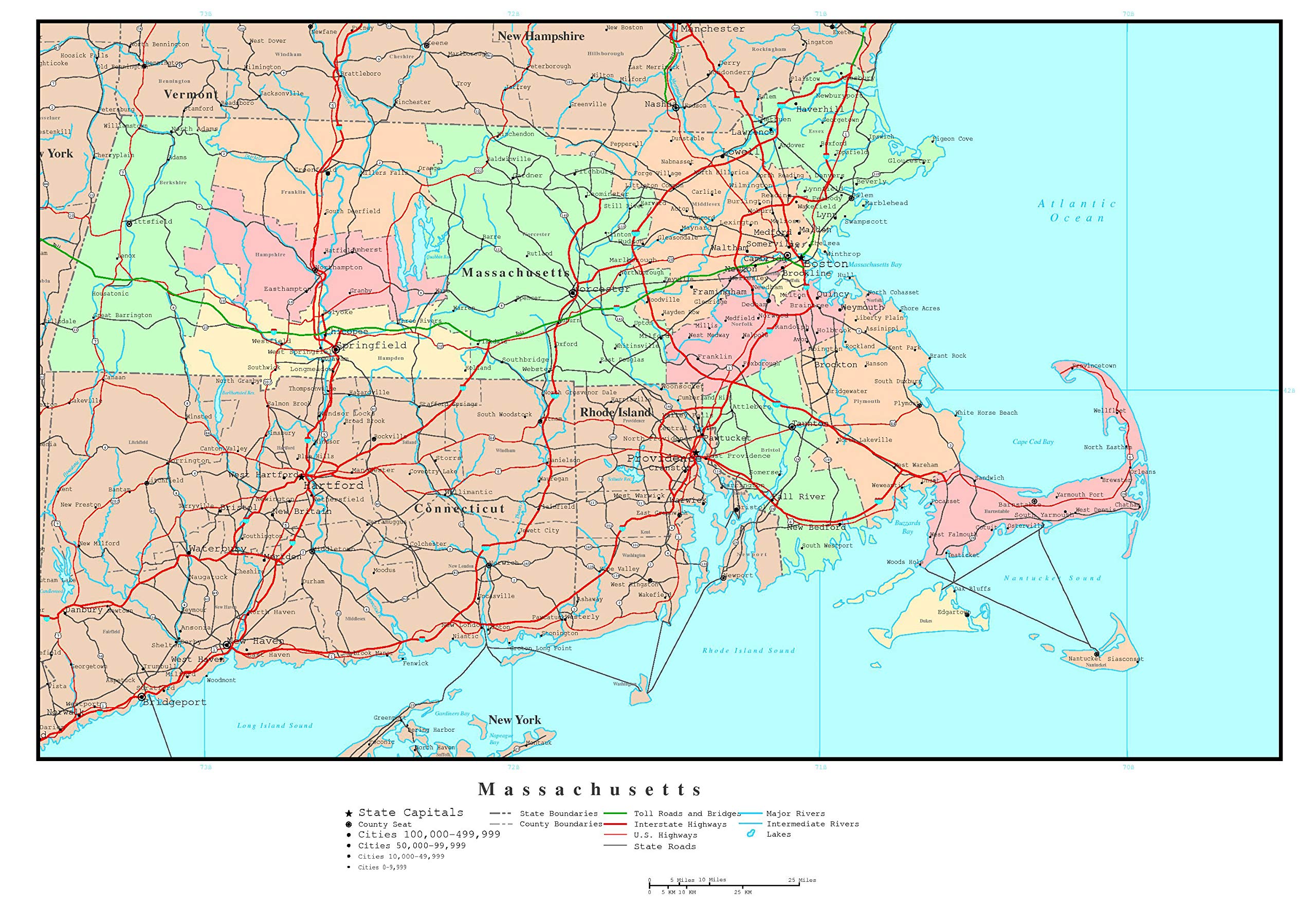 Large Detailed Administrative Map Of Massachusetts State With Roads ...