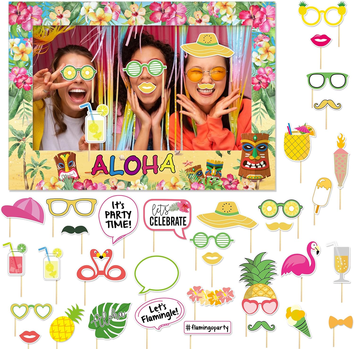 36 Pcs Hawaiian Photo Booth Props Kit, Hawaiian Photo Booth Frame ...