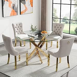 Amazon.com - KUVADAZ 47.24" Modern Gold Glass Dining Room Table Set for ...