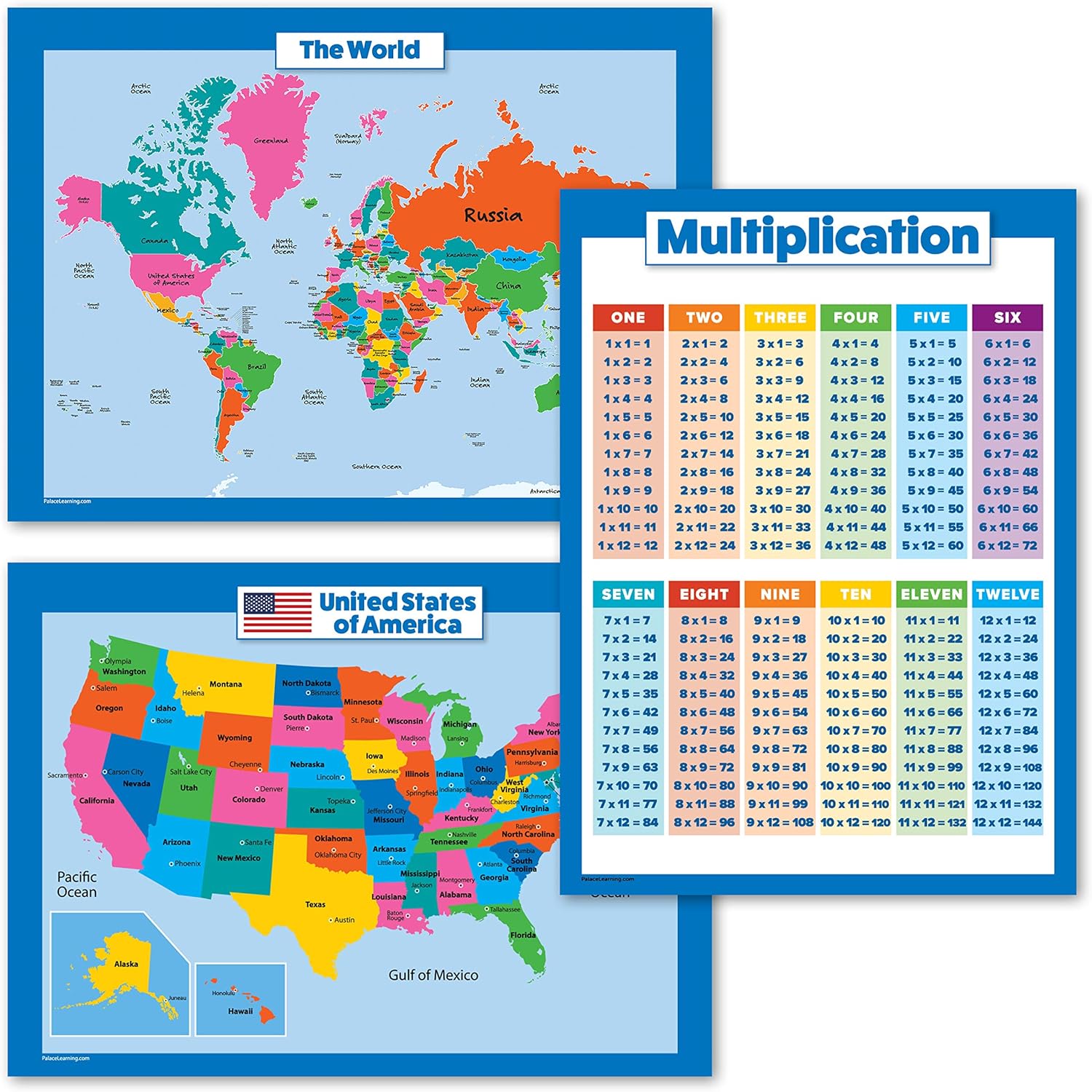 Amazon.com: 3 Pack: USA & World Map for Kids + Multiplication Tables ...
