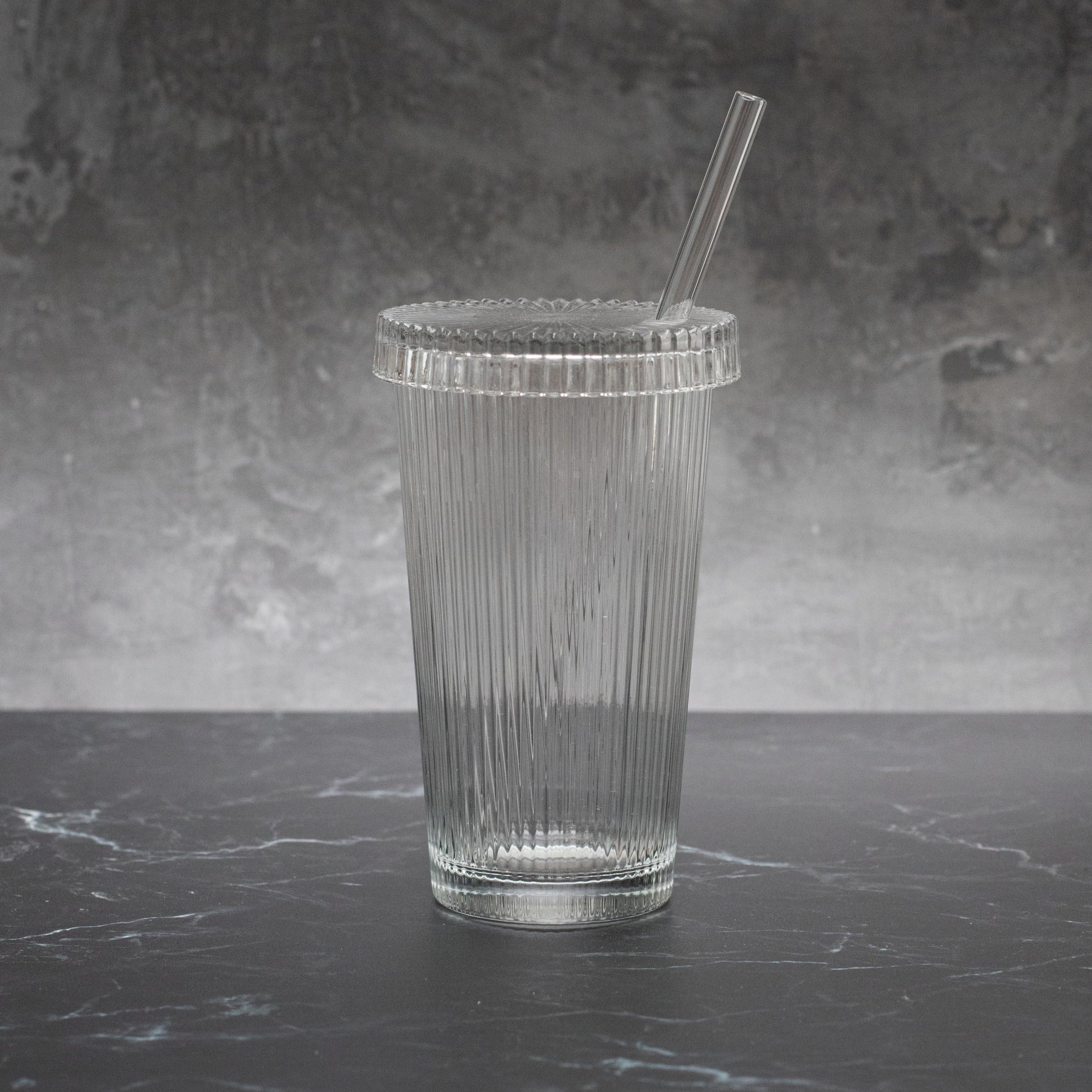 Ribbed Glass Coffee Cup with Straw 390 ML | Iced Coffee Cup | Tumbler ...