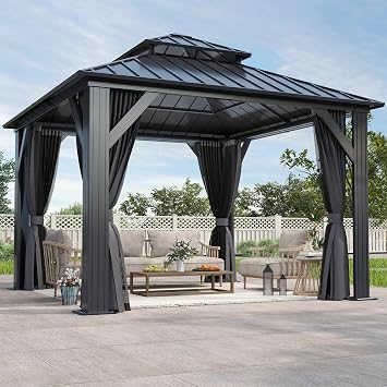 Amazon.com : GARTOO 10x10FT Outdoor Hardtop Gazebo with Double Roof ...