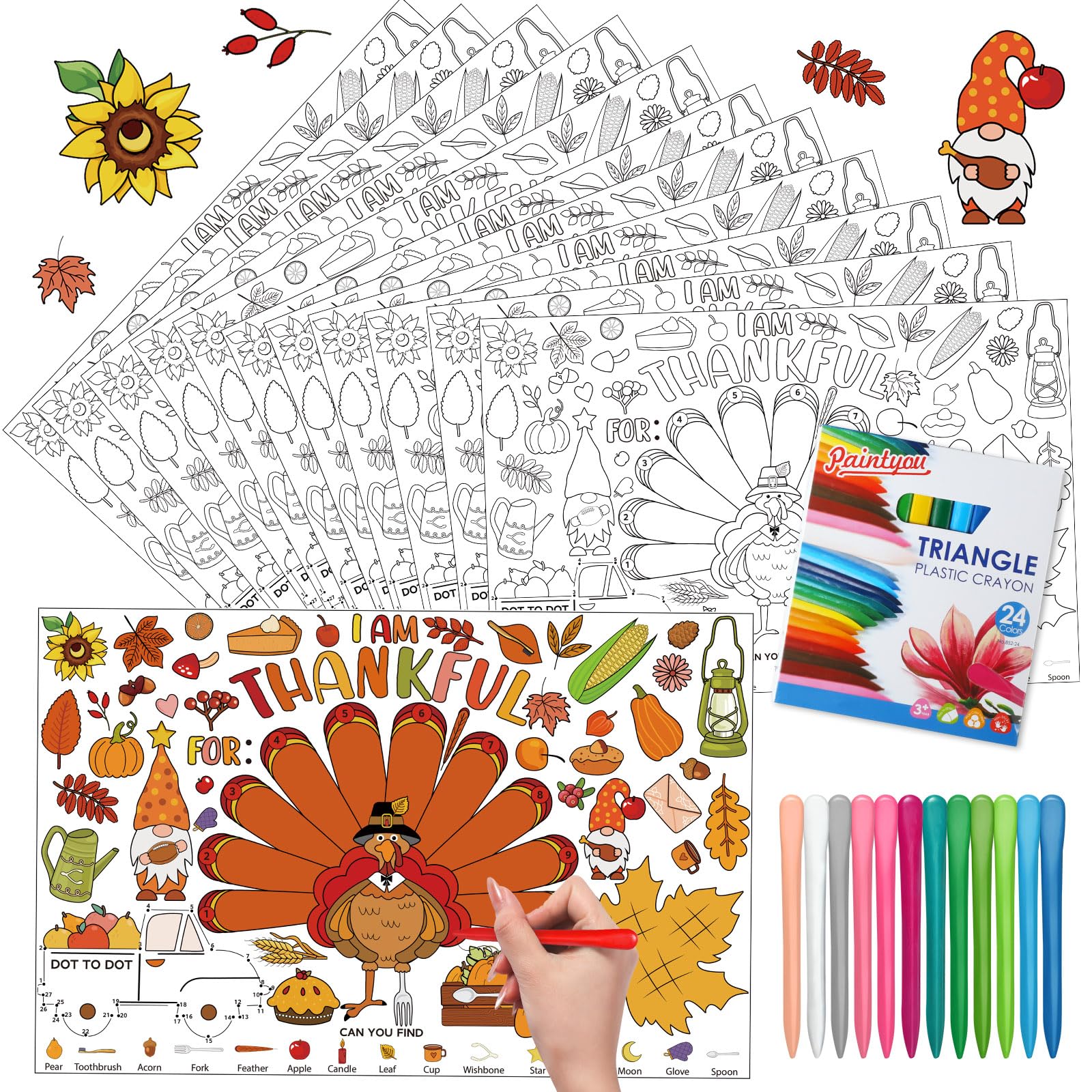 Amazon.com: Tenceur 24 Sets Thanksgiving Coloring Placemats Set Turkey ...
