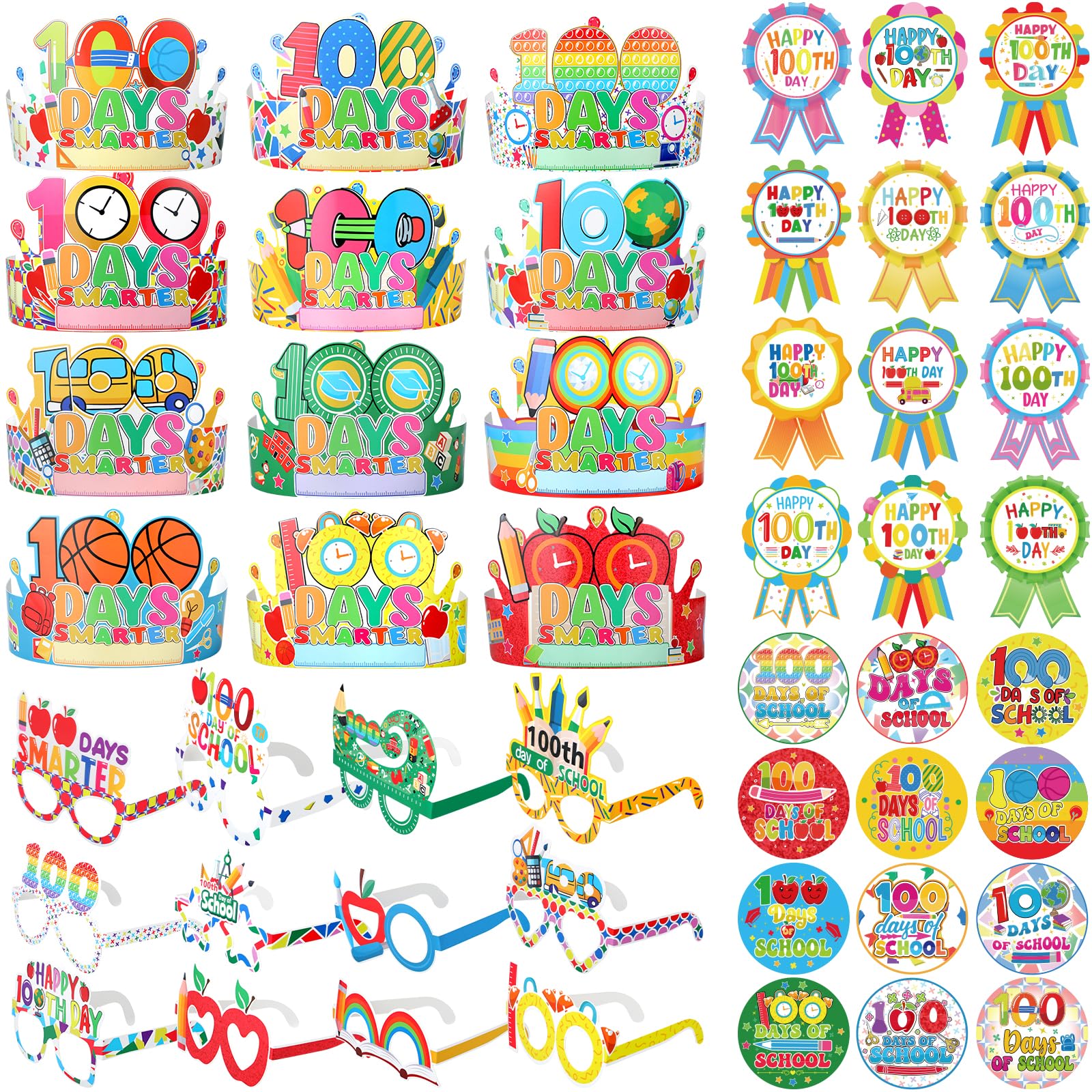 Amazon.com: Tatuo 144 Pcs 100th Day of School Glasses Paper Crowns Hats ...