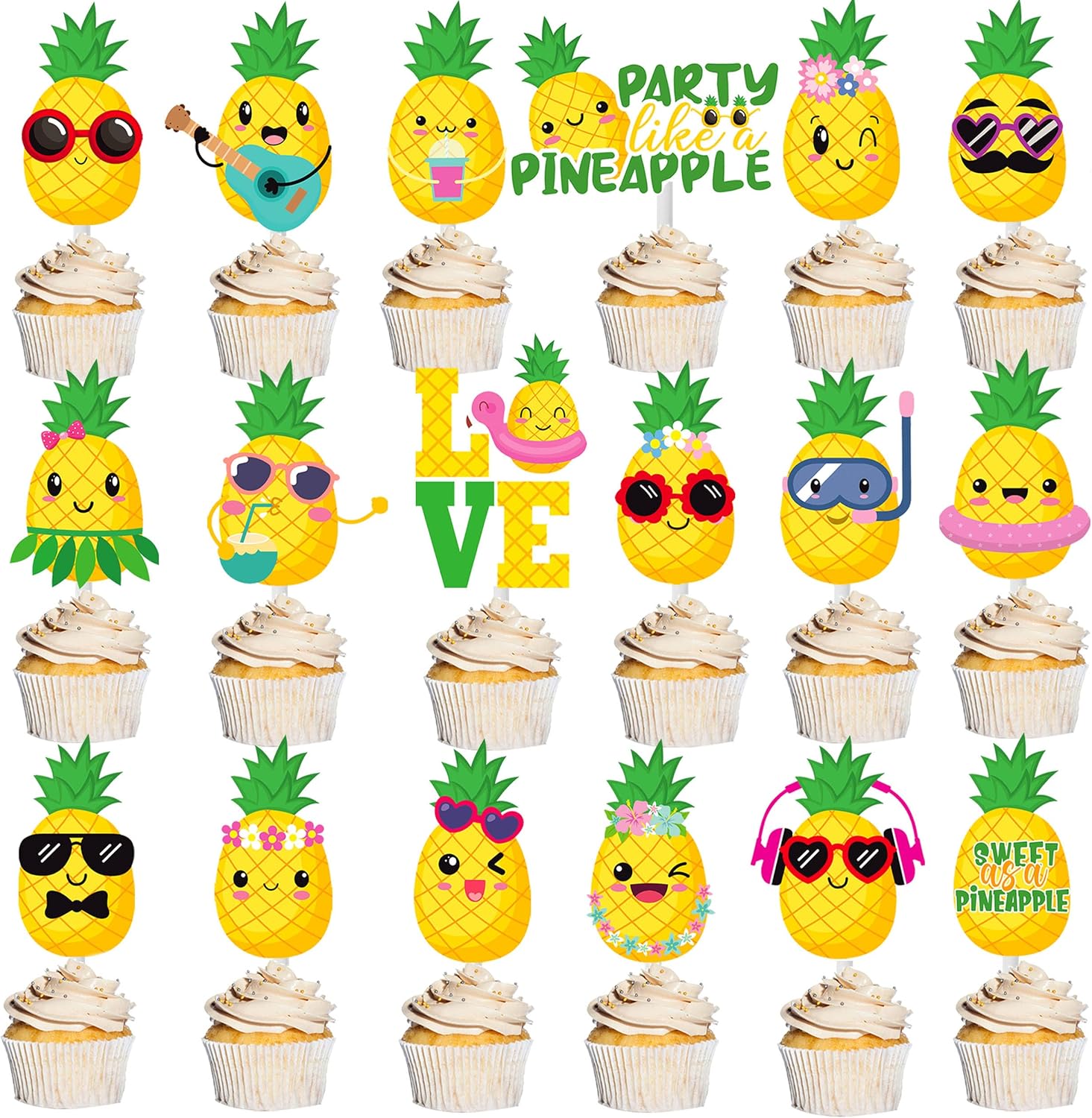 Amazon.com: 36pcs Pineapple Party Cupcake Toppers Decorations Luau ...