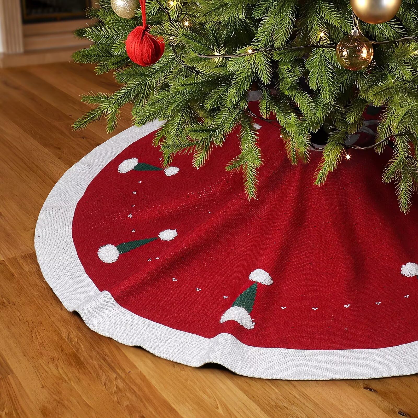 Amazon.com: QLEKEY Christmas Red Tree Skirt, 32 Inches Rustic Knitted ...