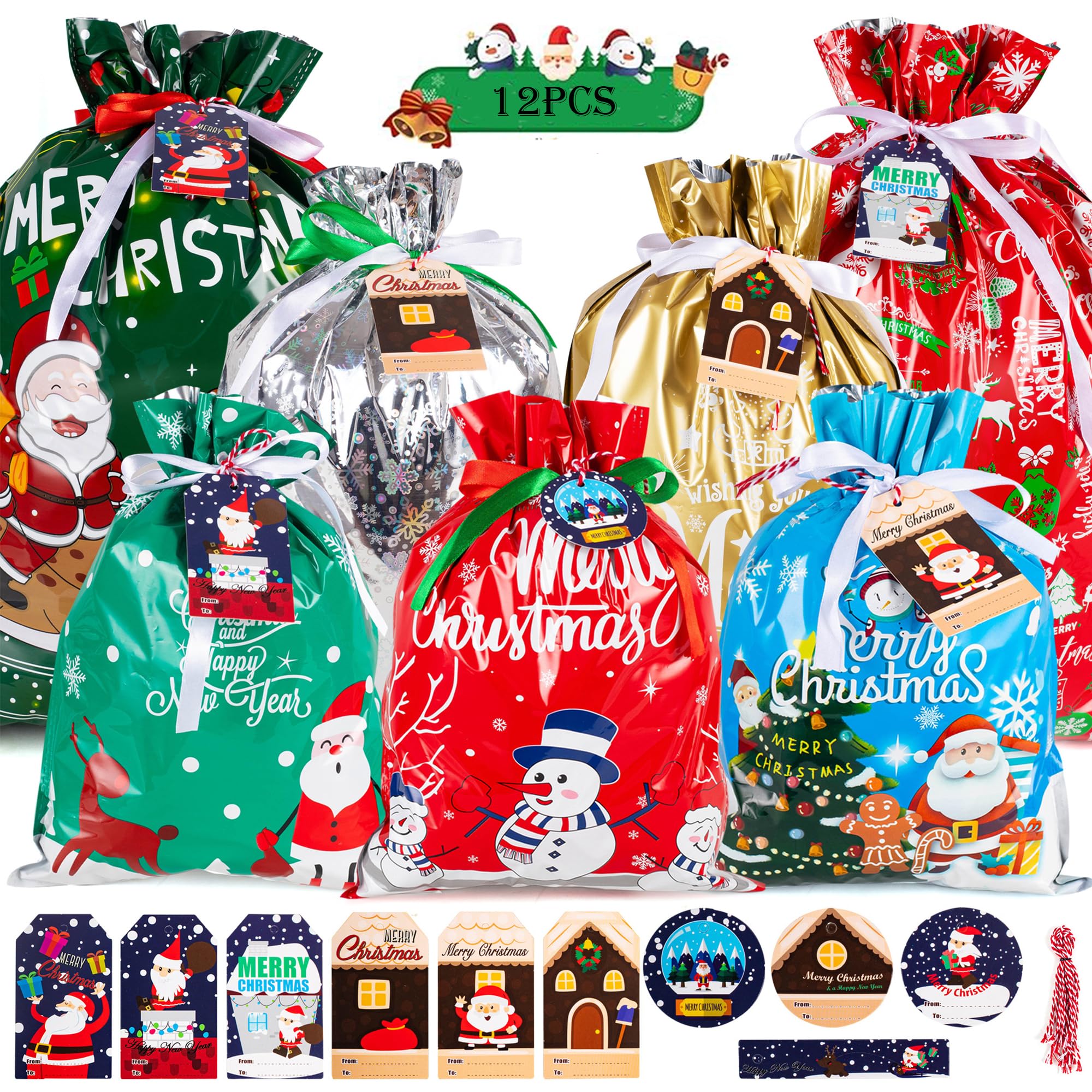 12pcs Christmas Drawstring Gift Bags Extra Large Medium Small Multipack ...