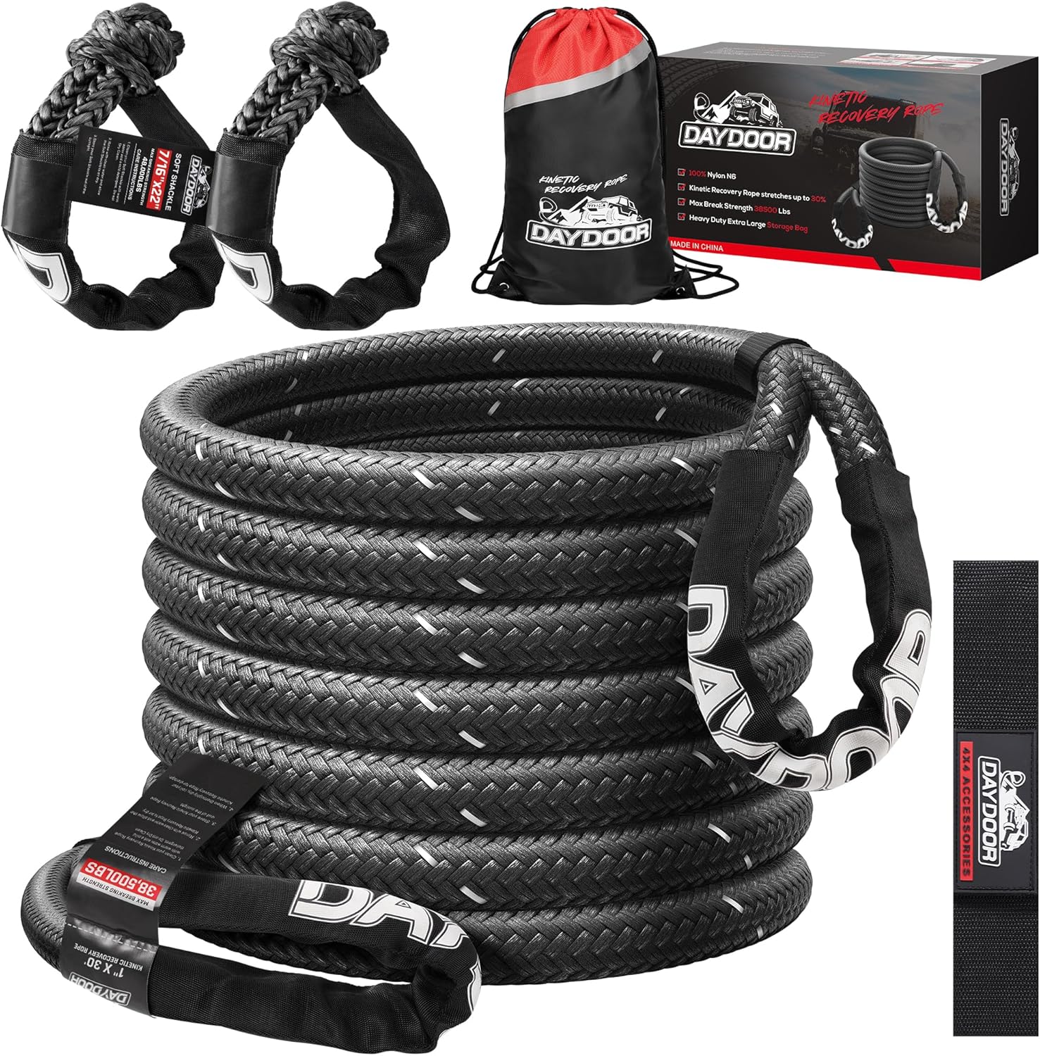 DAYDOOR Kinetic Recovery Rope Kit with 2 Soft Shackles, 1" x 30ft Tow ...