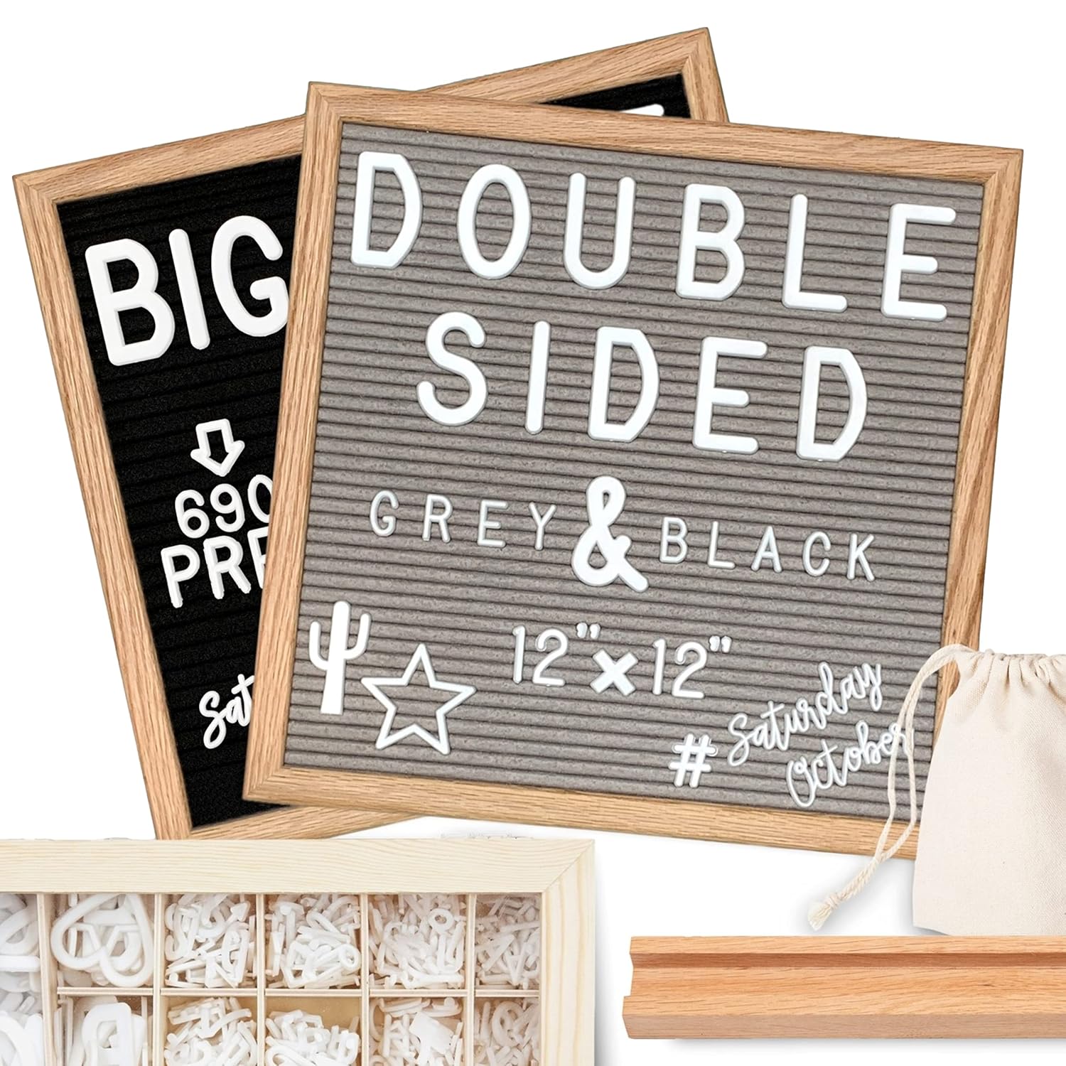 Letter Board 12"x12" Double Sided (Black & Gray) +690 PRE-Cut Letters ...