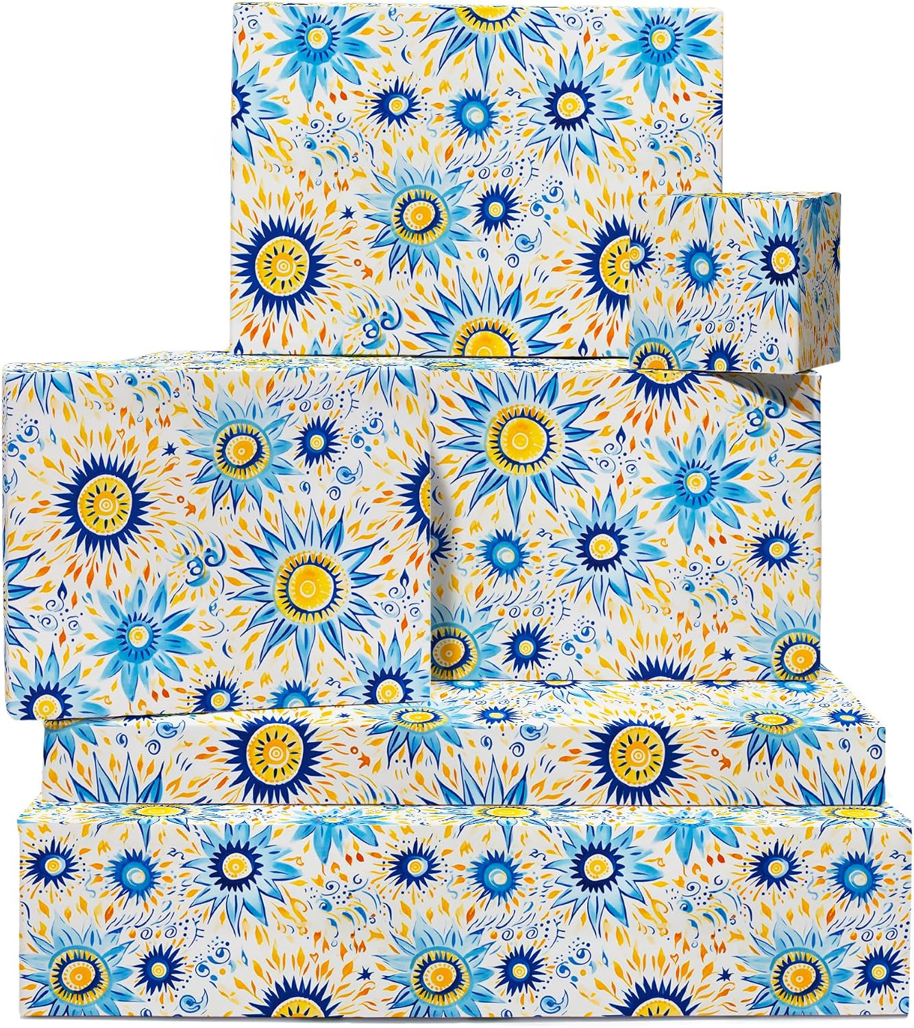 Sun Wrapping Paper - 6 Sheets of Celestial Gift Wrap - Blue and Yellow ...