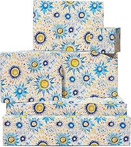 Sun Wrapping Paper - 6 Sheets of Celestial Gift Wrap - Blue and Yellow ...