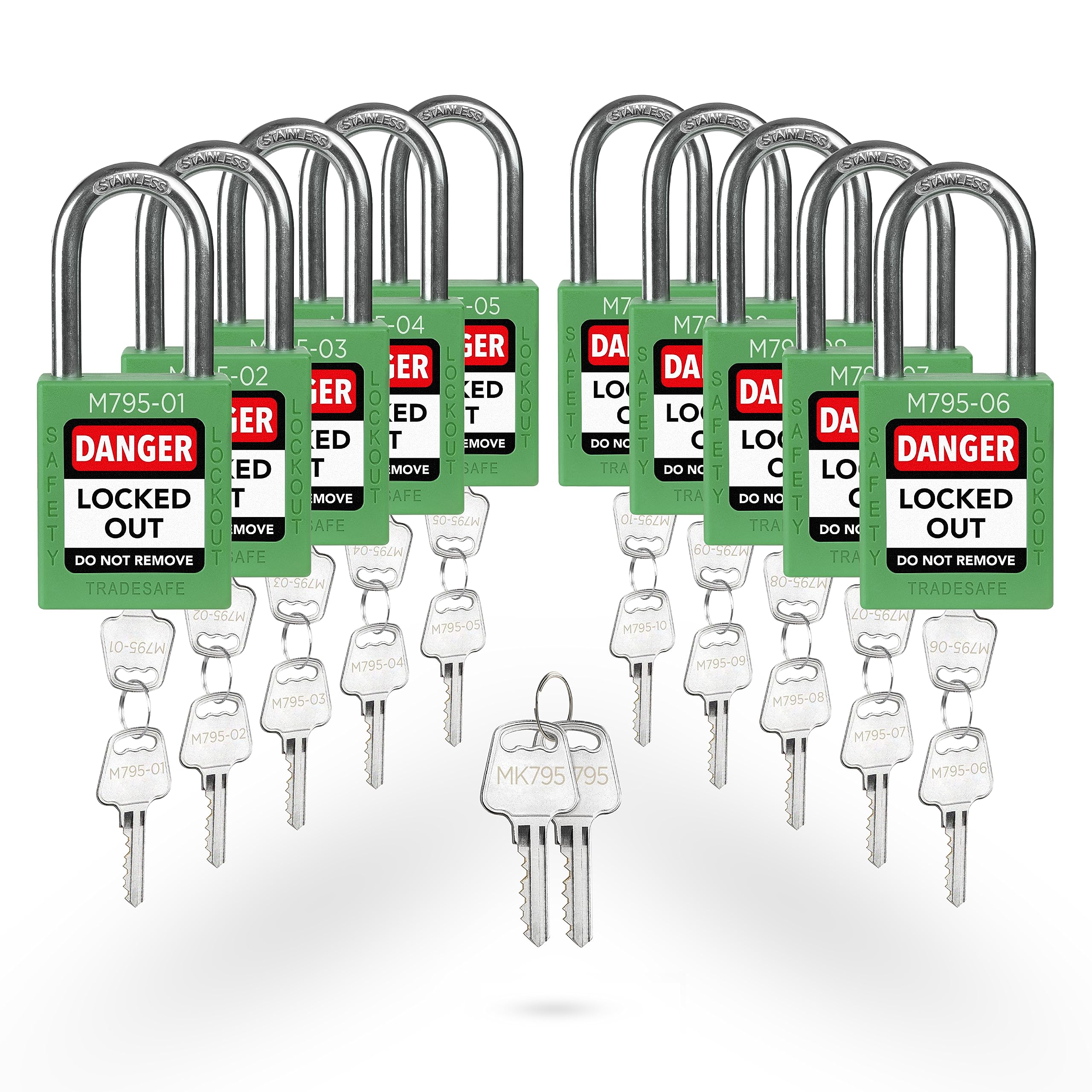 TRADESAFE Lockout Tagout Locks Set with Master Keys - 10 Green Loto ...