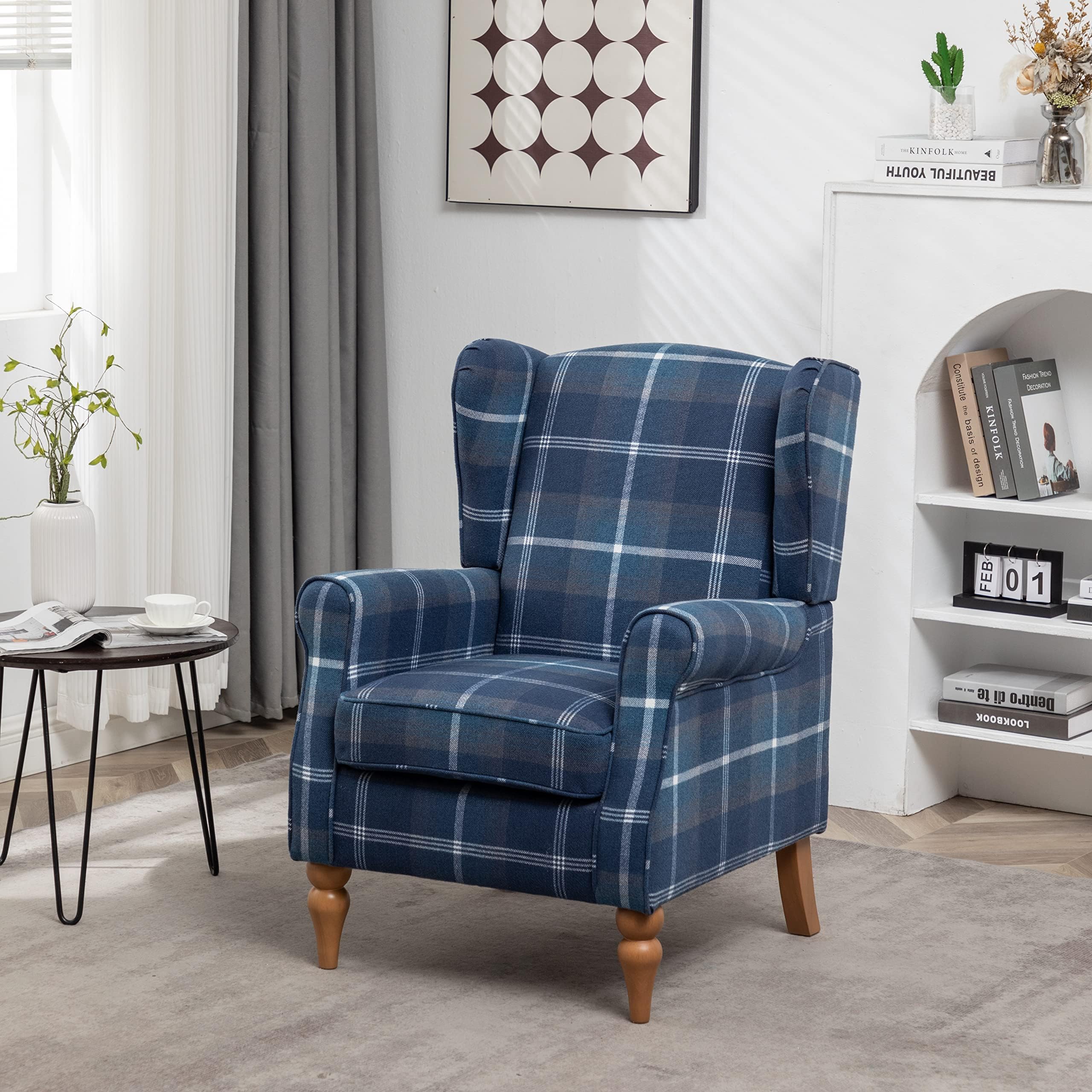 AZRBOPO Wingback Tartan Armchair, Retro Accent Chair Soft Padded Fabric ...