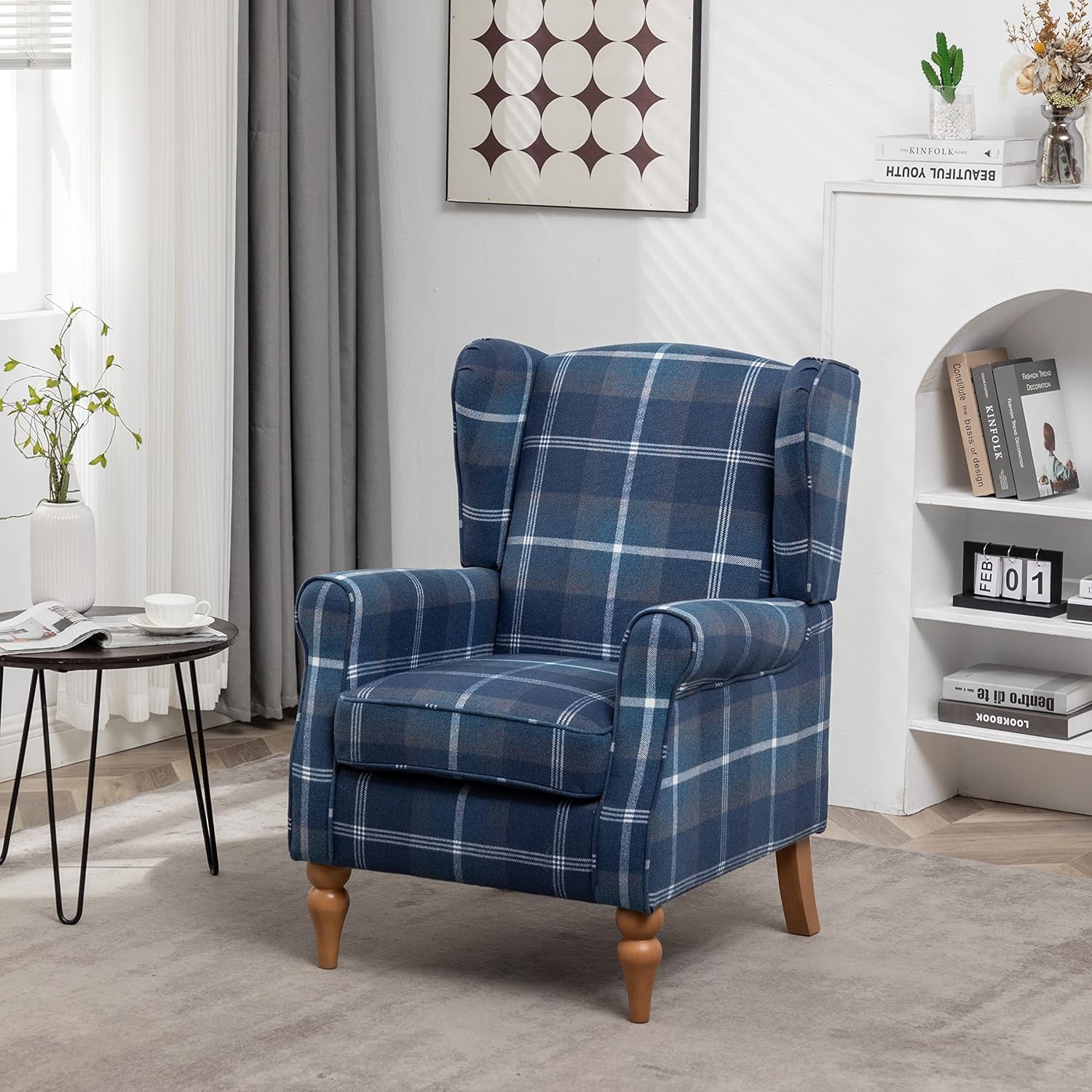 Chusstang Retro Accent Chair, Wingback Tartan Armchair Soft Padded ...