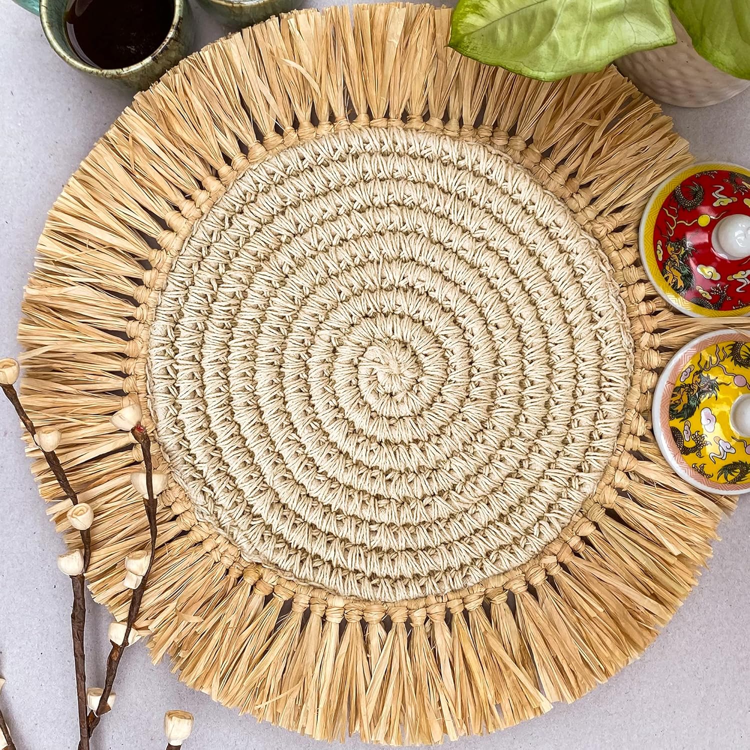 Amazon.com: Nobbys Bleached Jute Crochet Placemat with Natural Raffia ...