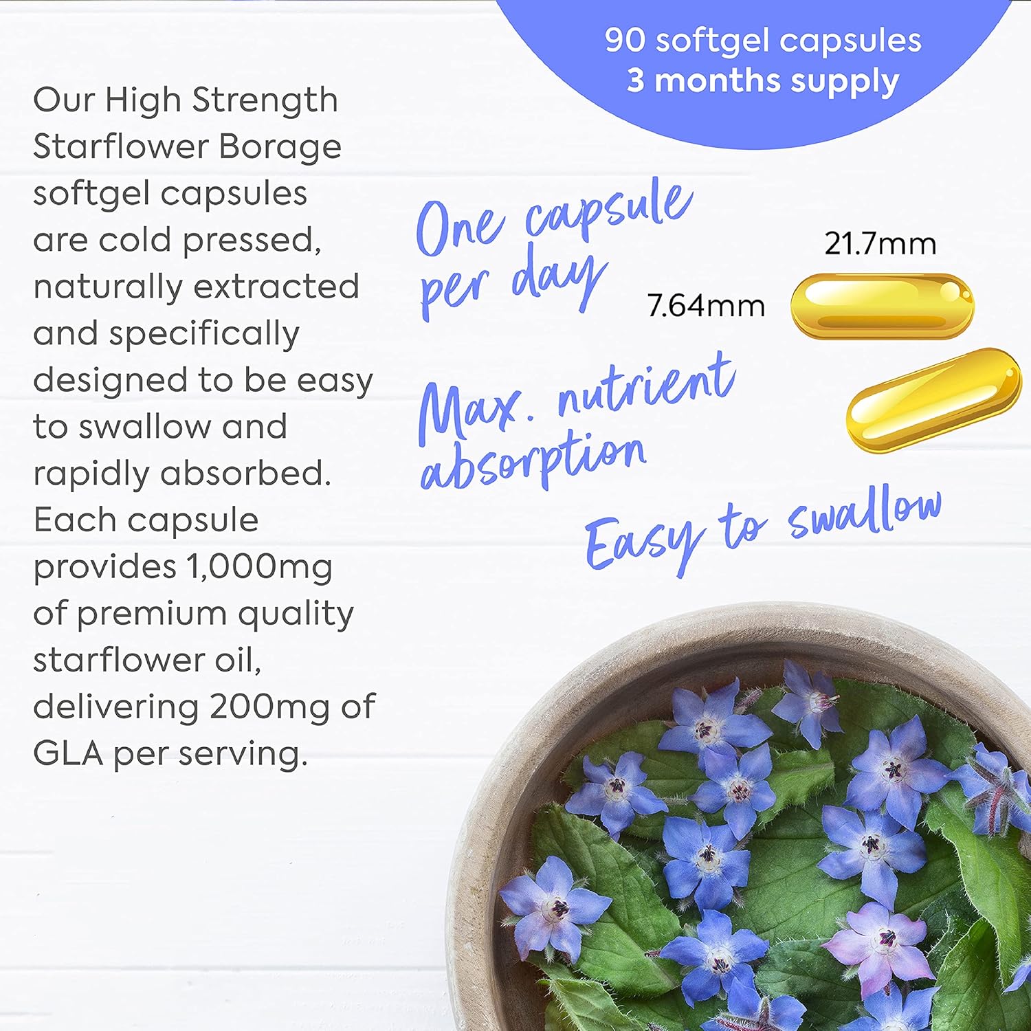 Starflower Oil Capsules 1000mg/Borage Oil x90 Soft Gels, Cold Pressed ...