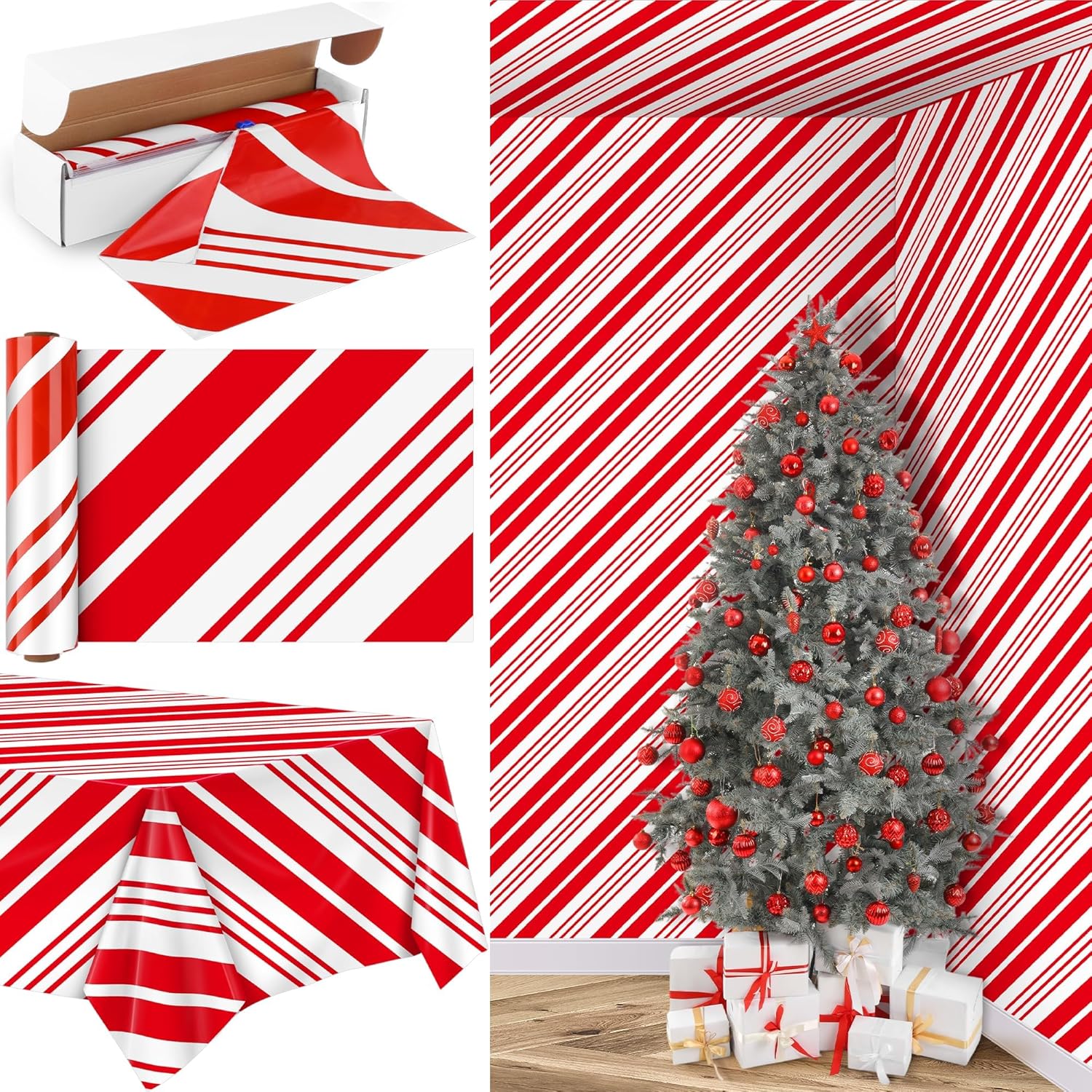 Amazon.com: Kochorie Christmas Candy Cane Striped Tablecloth Roll with ...