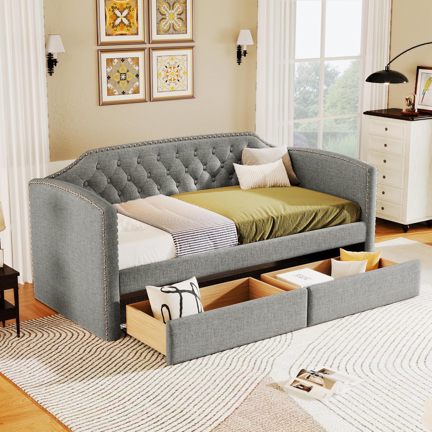 Amazon.com: Linique Twin Size Linen Upholstered Daybed with Drawers ...