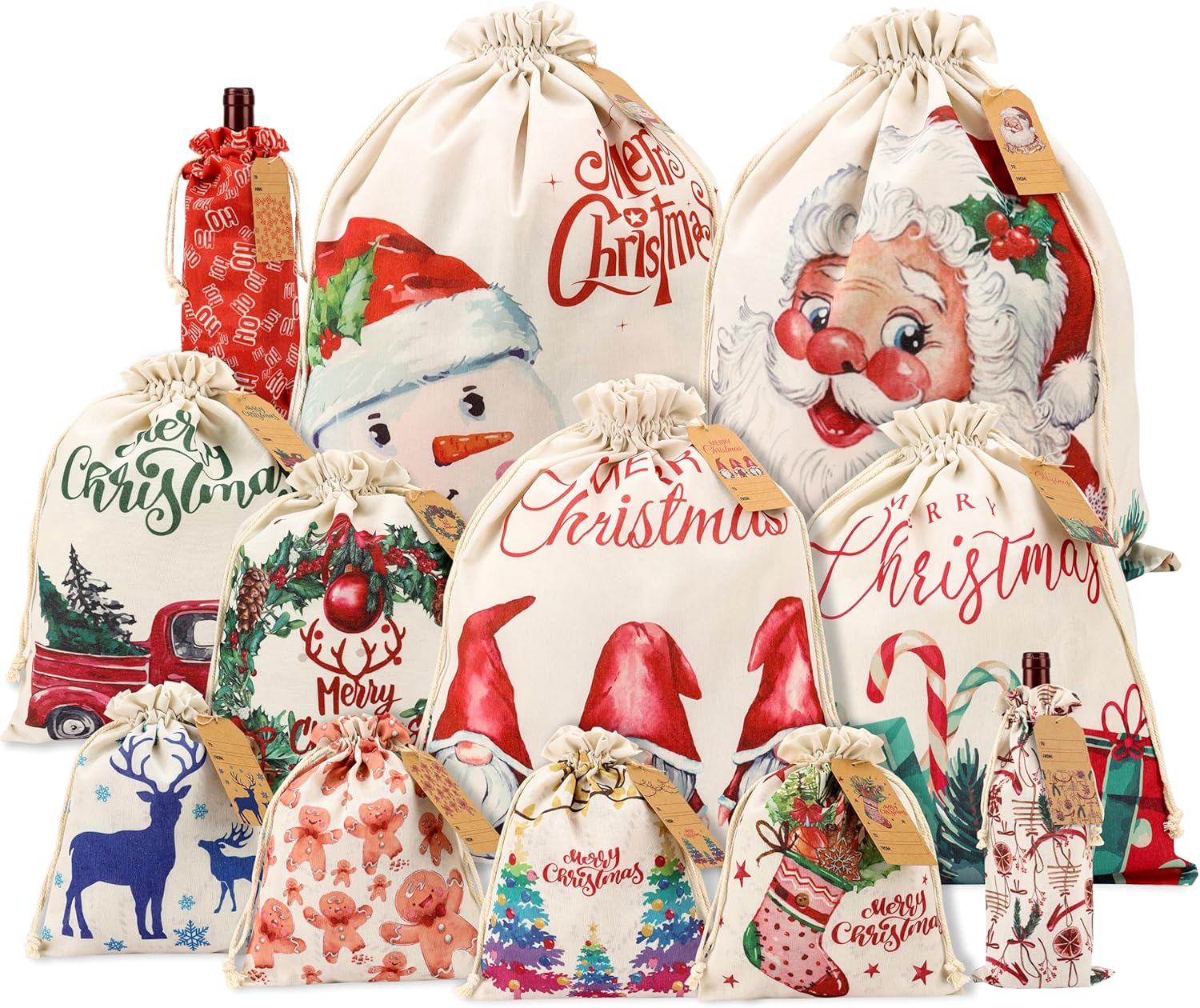 Christmas Drawstring Gift Wrapping Bags-12PCS Reusable Christmas Canvas ...