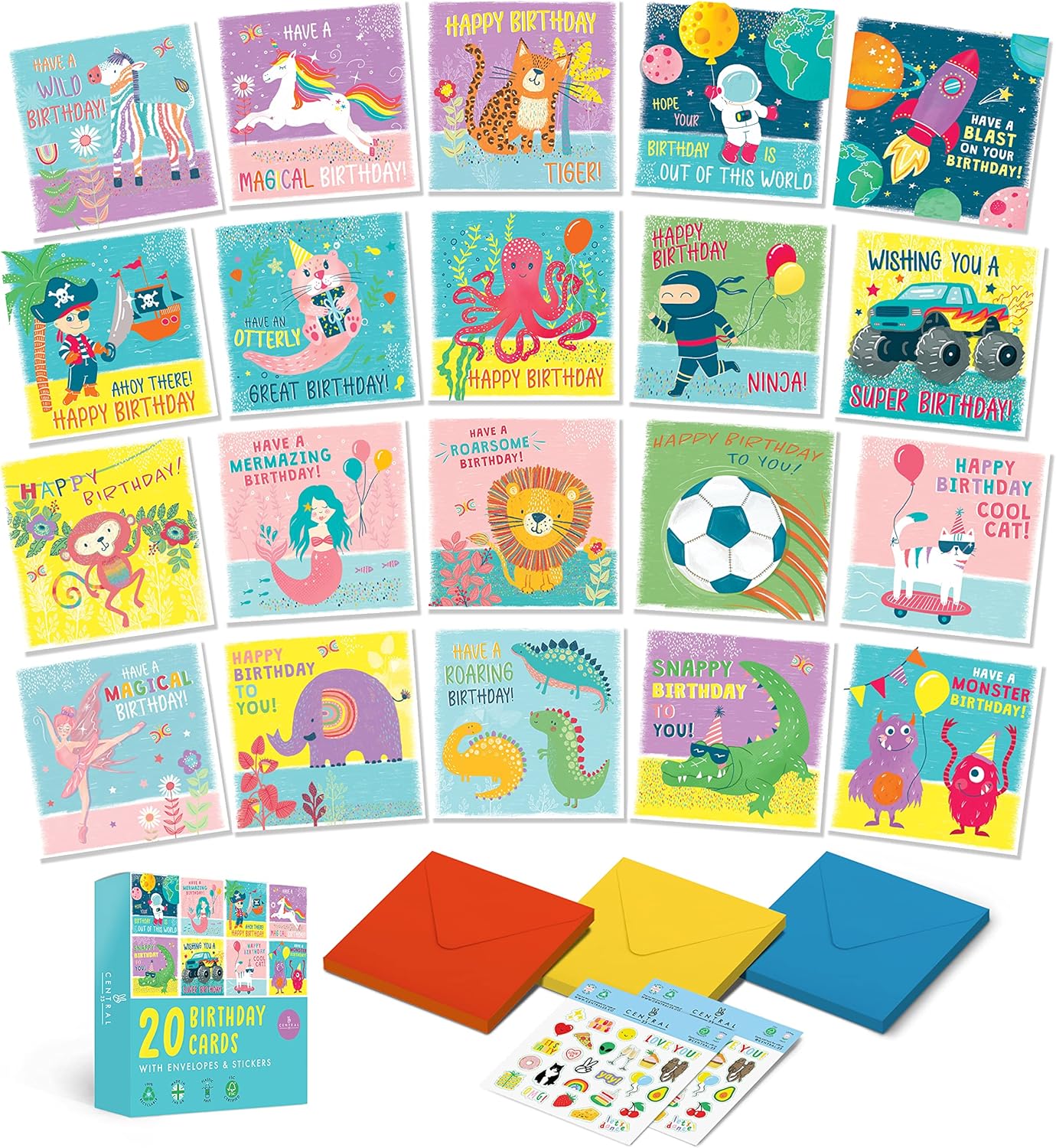 Amazon.com : CENTRAL 23 Kids Birthday Cards Assortment - Box of 20 ...