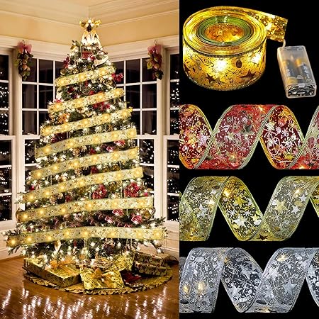 Amazon.com: 4 Pcs 65.62 ft Christmas Ribbon Fairy Lights Gold Christmas ...