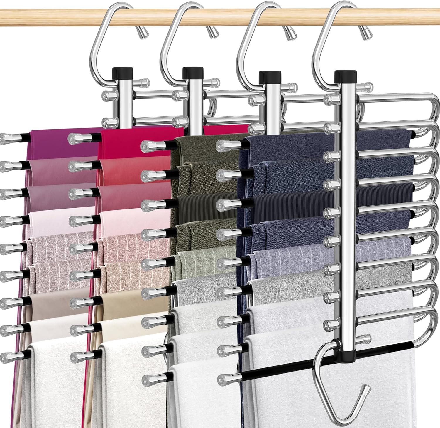 Amazon.com: Pre-Assembled Pants Hangers Space Saving, 4 Pack 9 Tier ...