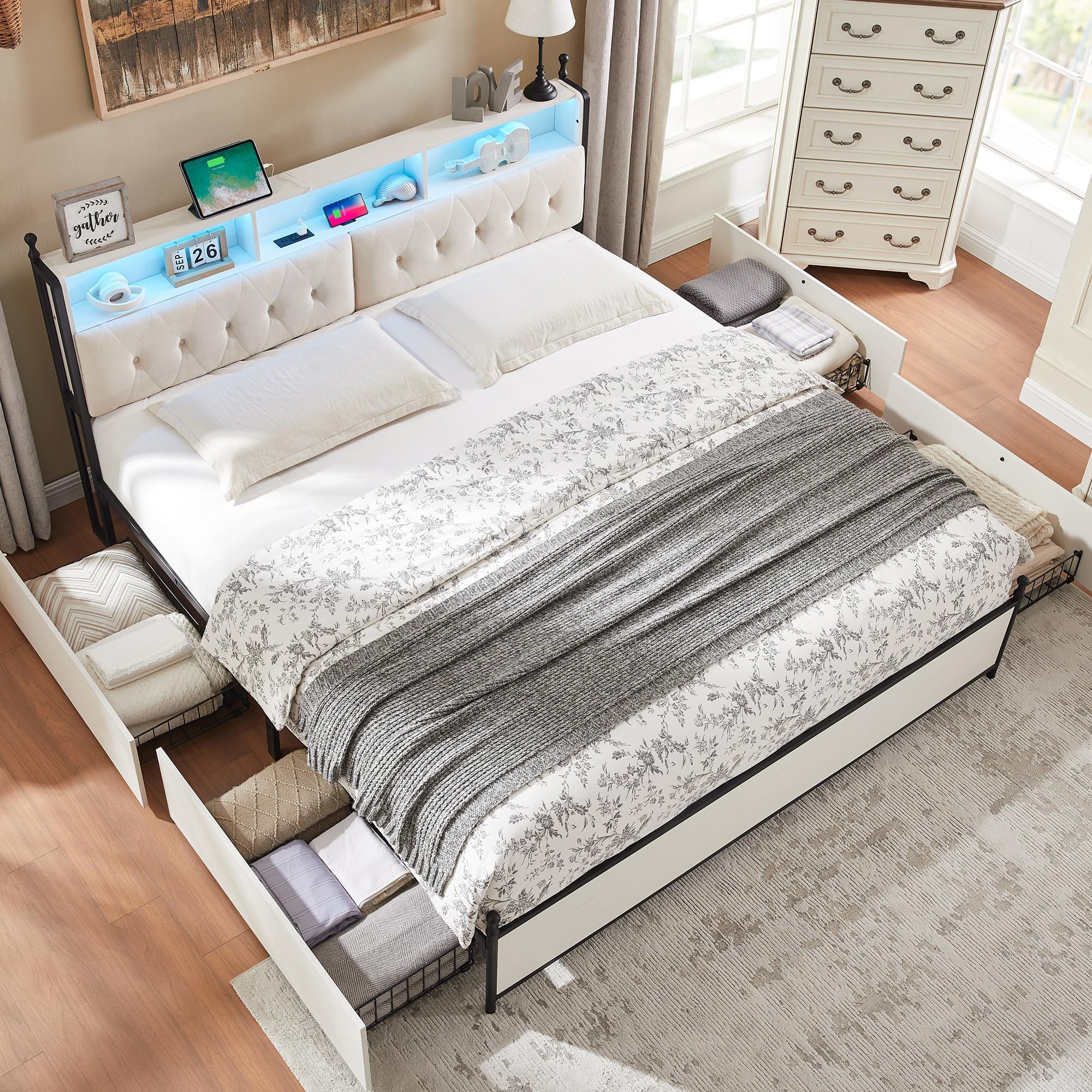 Amazon.com: Full Size Bed Frame with Storage Headboard and 4 Drawers ...
