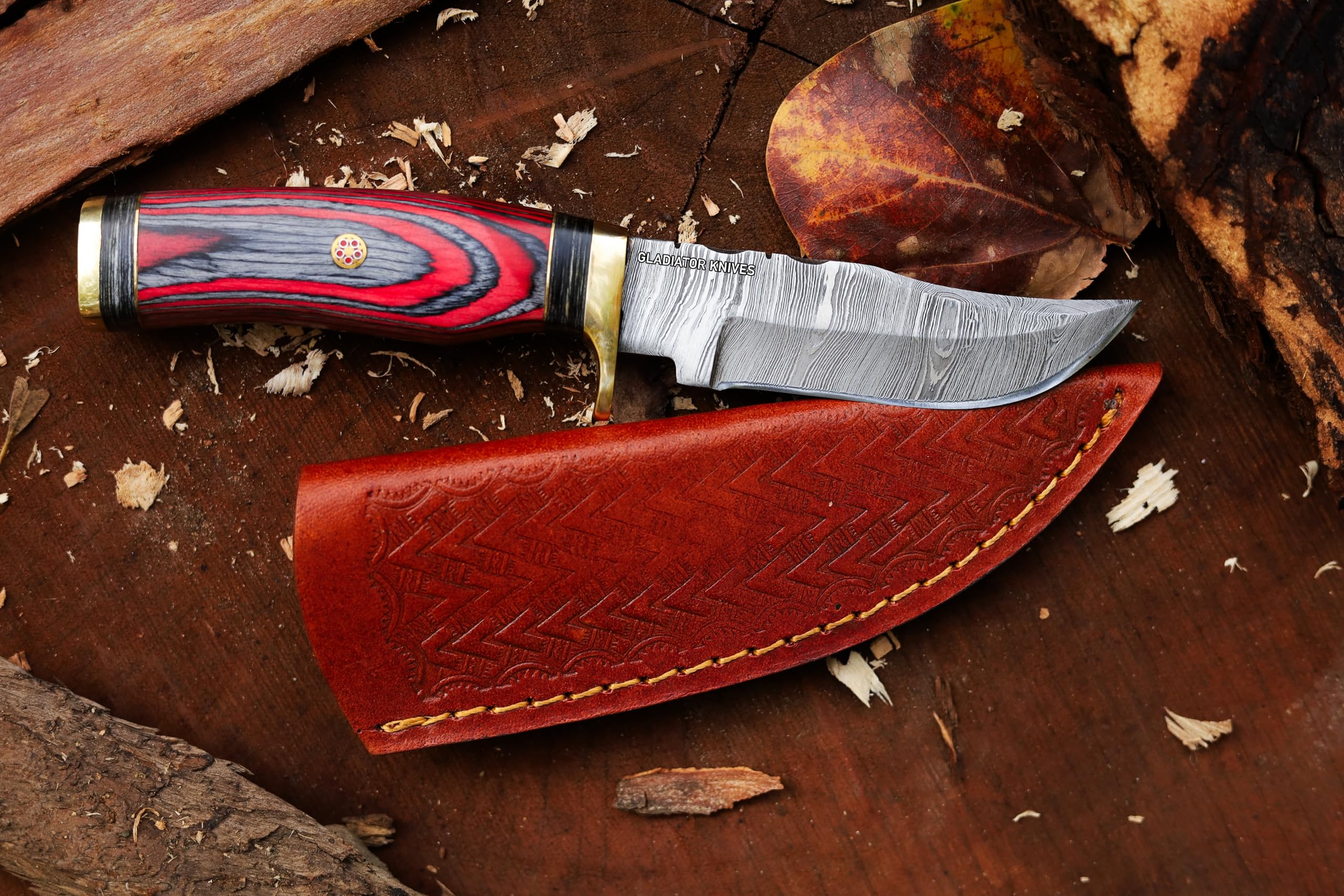 Amazon.com : GLADIATOR KNIVES Damascus Steel Hunting Knife With Leather ...