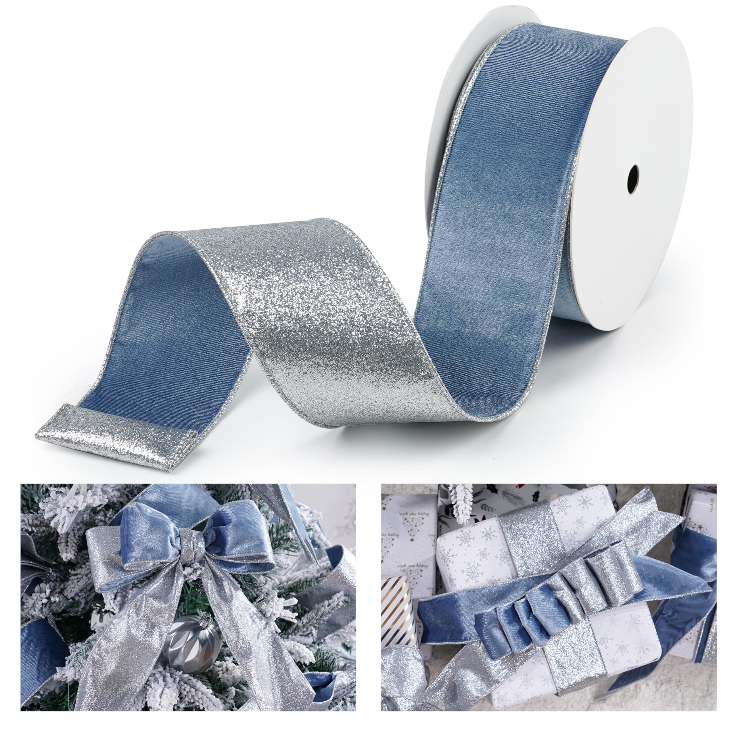 Amazon.com: LIZLOVESS Dusty Blue Velvet Wired Ribbon with Glitter Back ...
