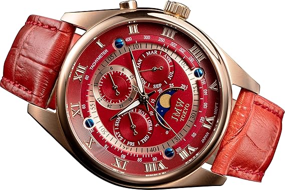 Amazon | [JMW TOKYO] 腕時計 メンズ 上級ムーンフェイズ [日本製ムーブメント] 本革ベルト ローマ数字インデックス 100m防水 タキメーター レッド&ゴールド【世界限定 ...