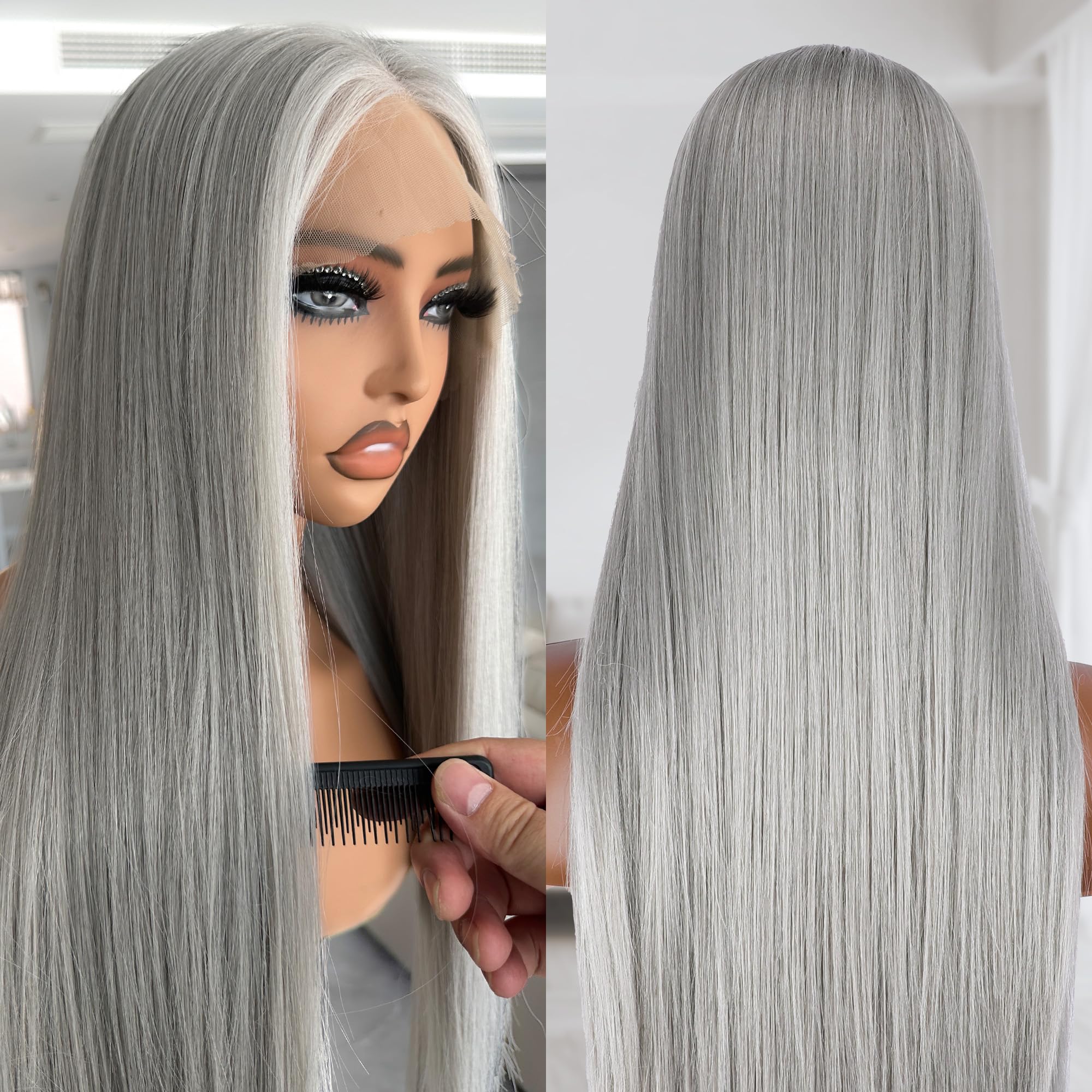 Amazon.com : BLL Silver 30 Inch Silver Lace Front Wig Gray Straight ...