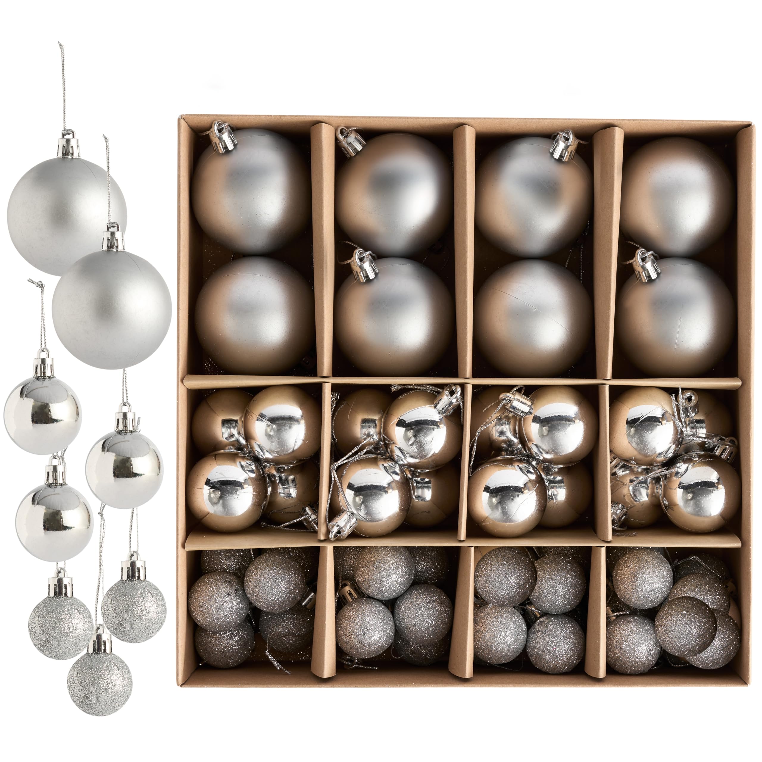 THE TWIDDLERS – 50-Pack Silver Christmas Baubles - Assorted Sizes and ...