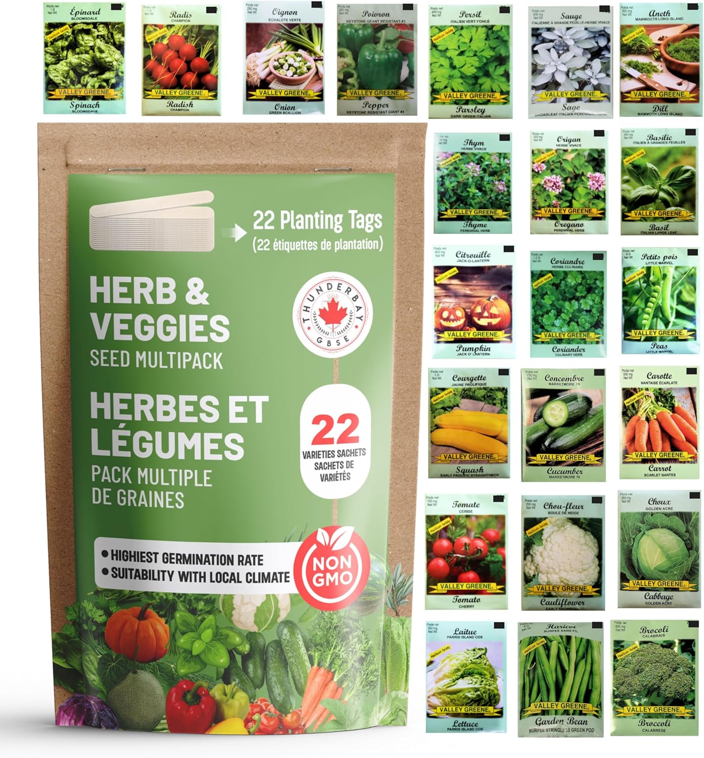 THUNDERBAY-GBSE 22 Vegetable & Herb Seed Variety Pack Over 4000+ Seeds (100% Non-GMO, 22 ...