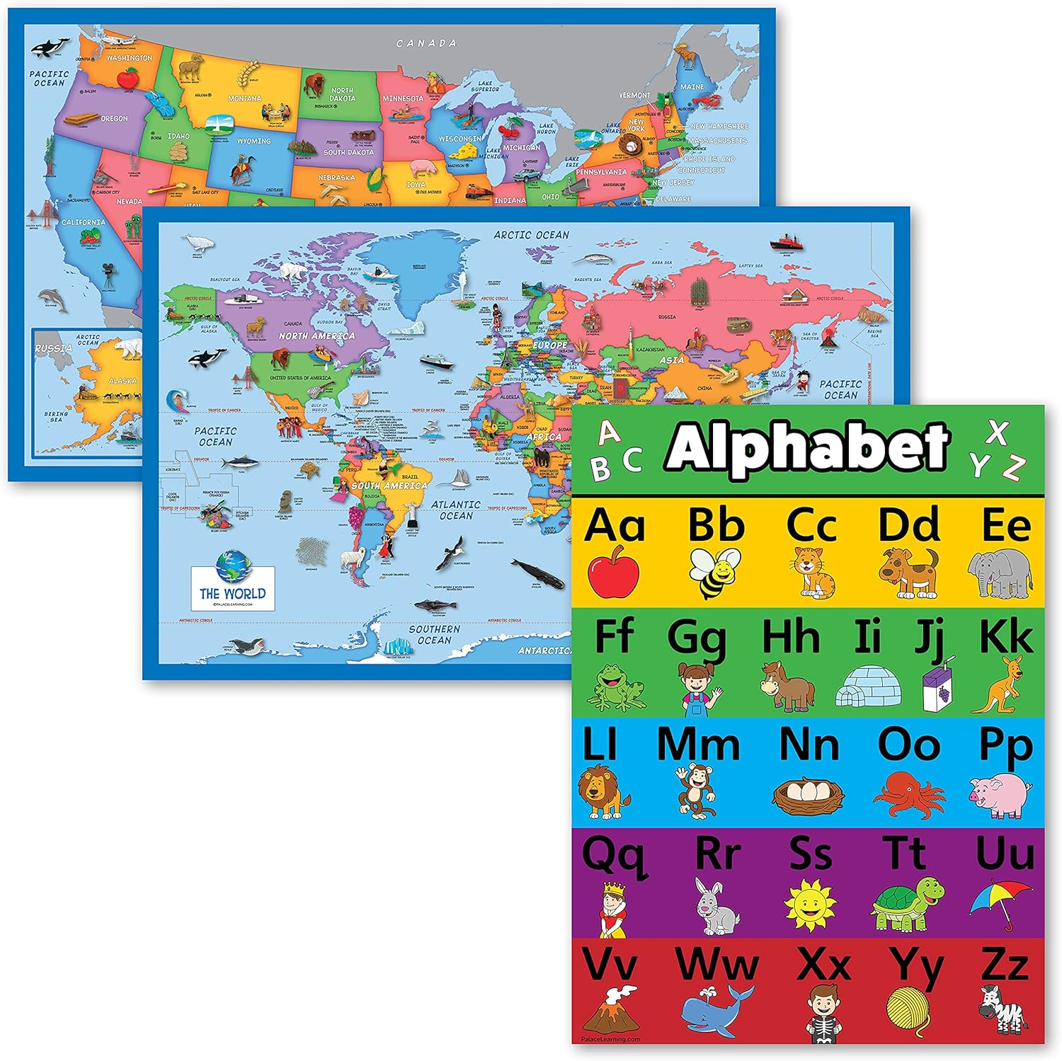 Paquete de 3 – mapa del mundo ilustrado y mapa de Estados Unidos para ...