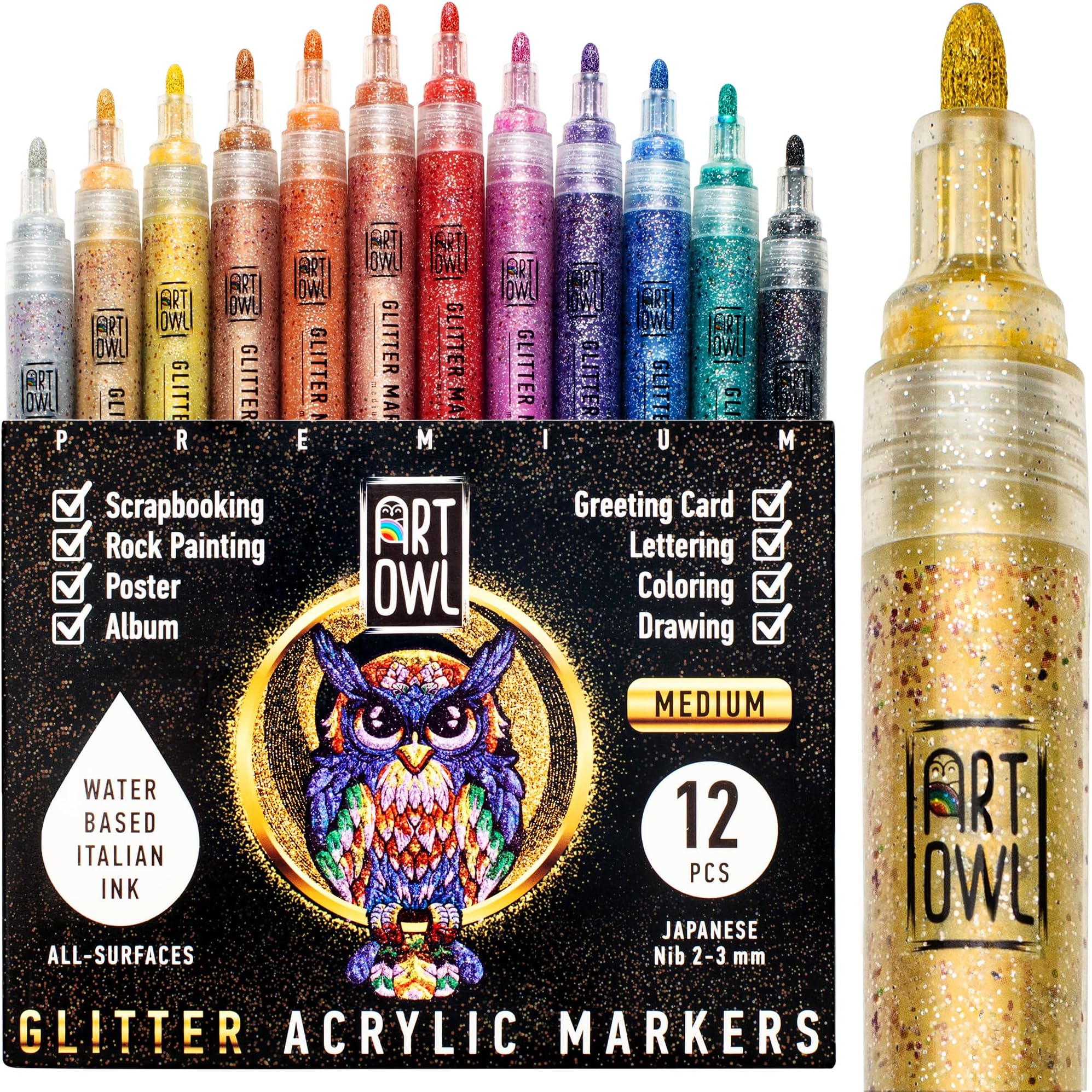 Amazon.com: Art Owl Acrylic Glitter Paint Marker Pens, Medium Pens for ...