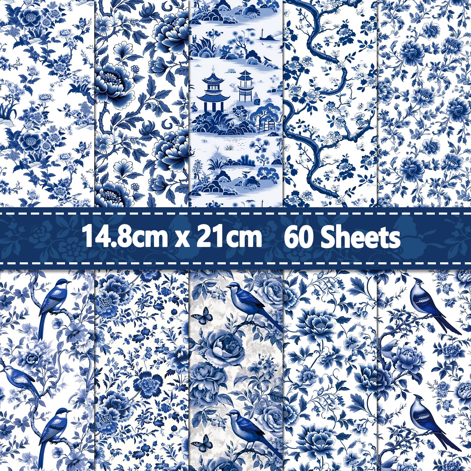 Amazon.com : 60 Sheets Blue Floral Bird Scrapbook Paper, A5 Size ...
