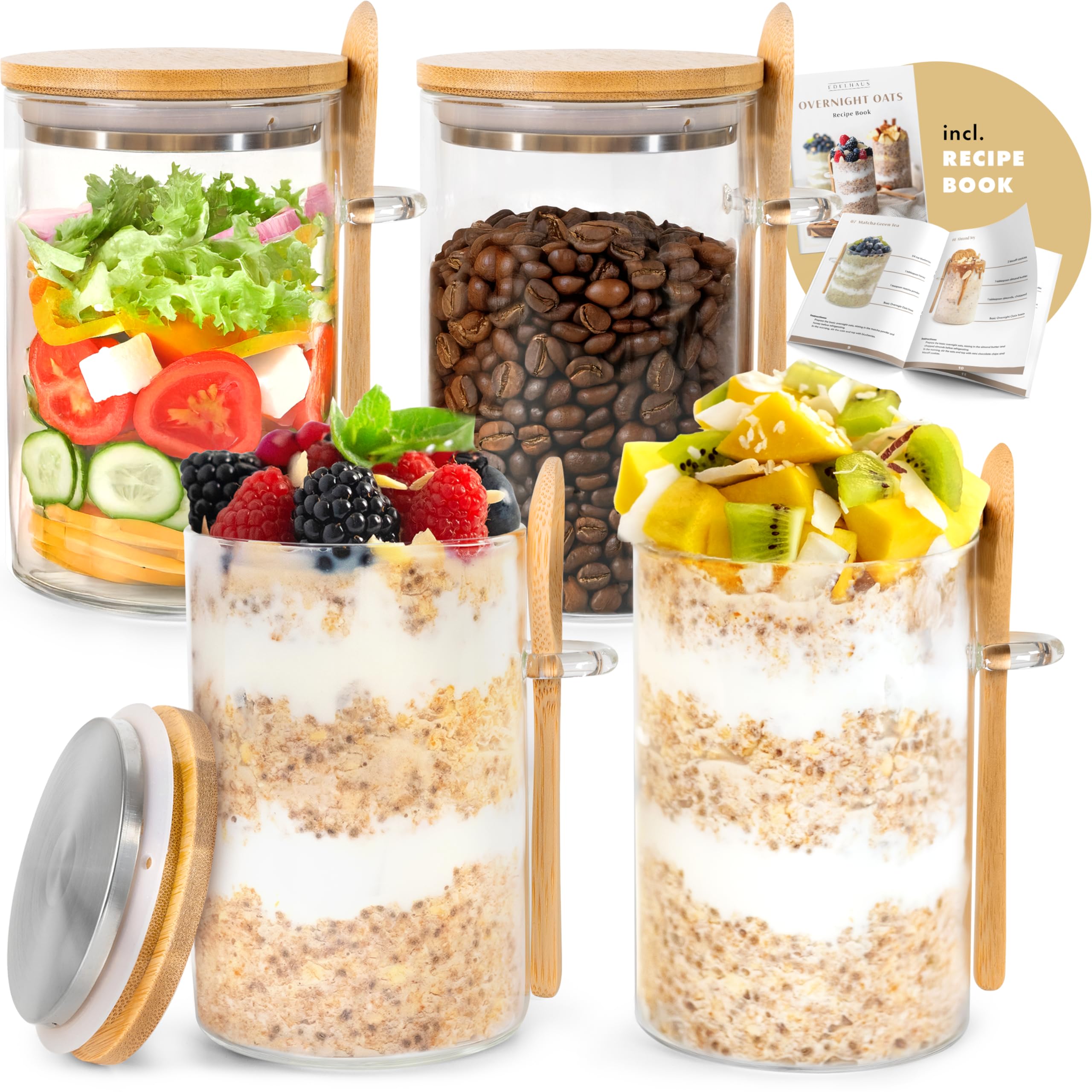 Amazon.com: Overnight Oats Containers with Lids, Labels & Spoons (4 x 16oz) Glass Jars for ...