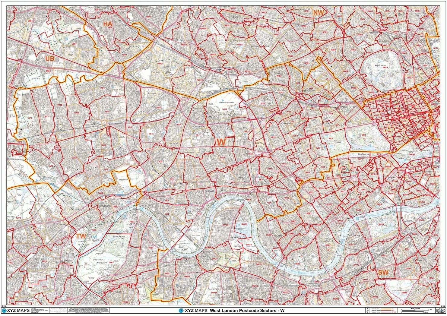 West London - W - Postcode Wall Map - 2A Plastic Coated (119cm x 168cm ...