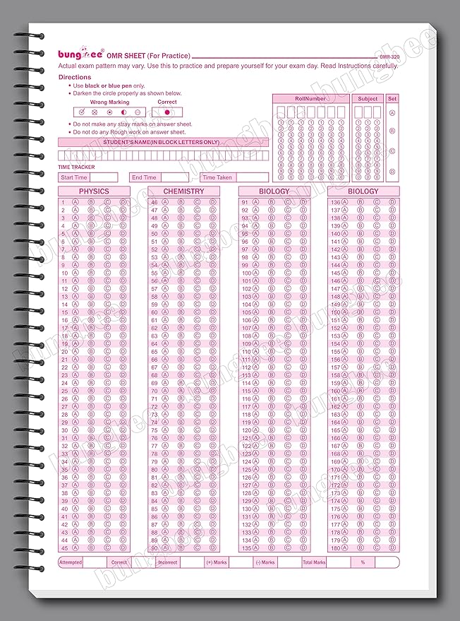 Bungbee OMR Sheets for Practice 180 MCQs Subject Wise Sections - 100 Sheets Spiral Notebook, A4 ...