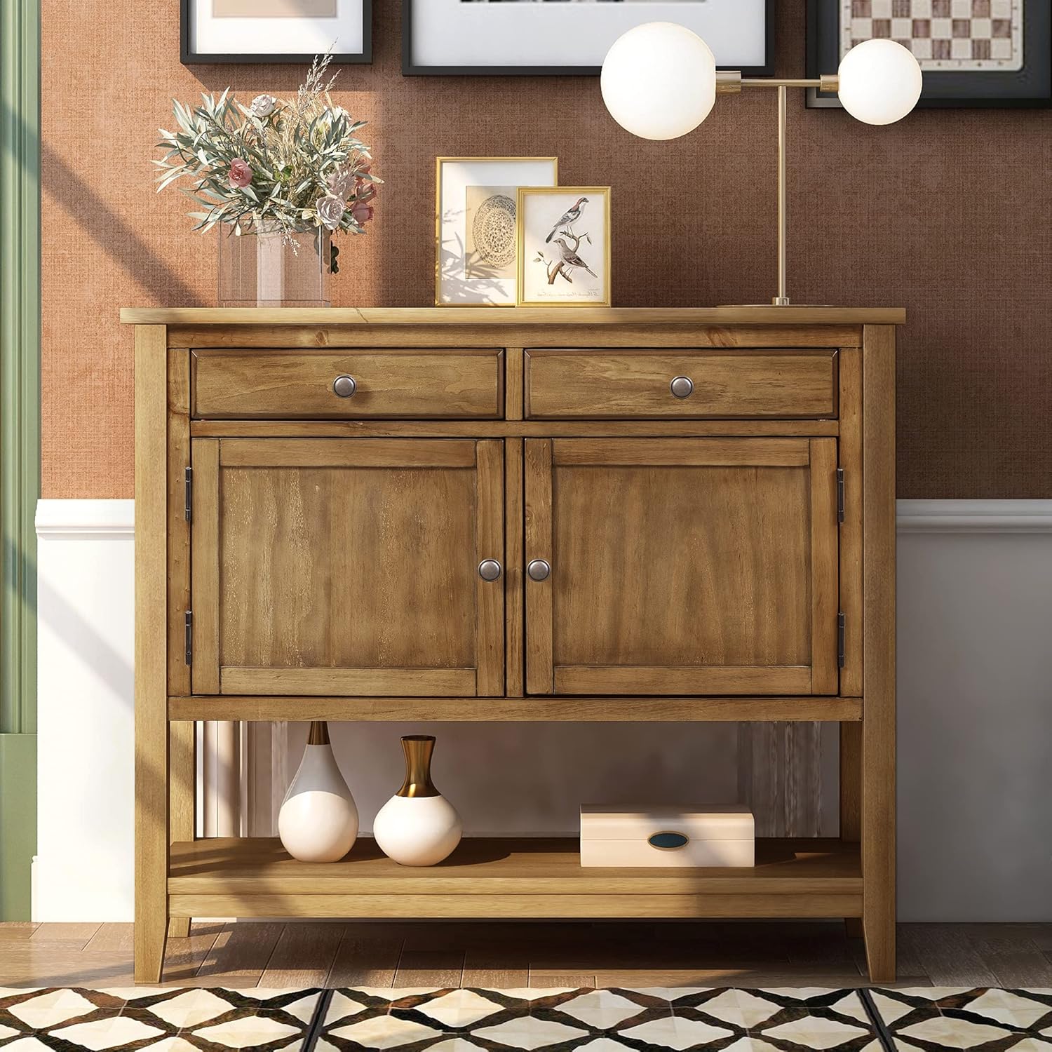 Amazon.com: Solid Wood Console Table with 2 Drawers 2 Cabinets and 1 ...