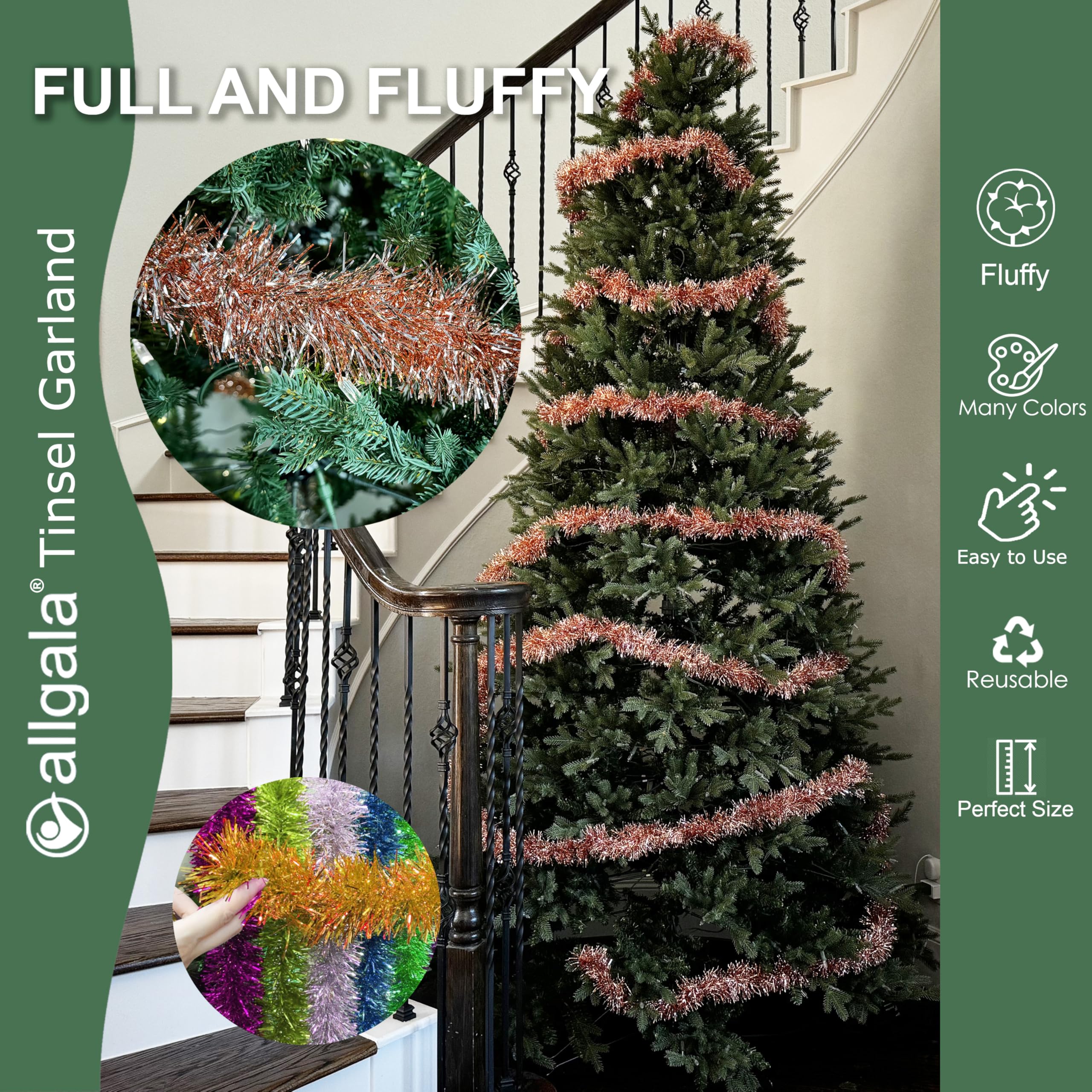 Snapklik.com : Allgala Rose Gold/Orange Tinsel Garland, 50 Feet ...