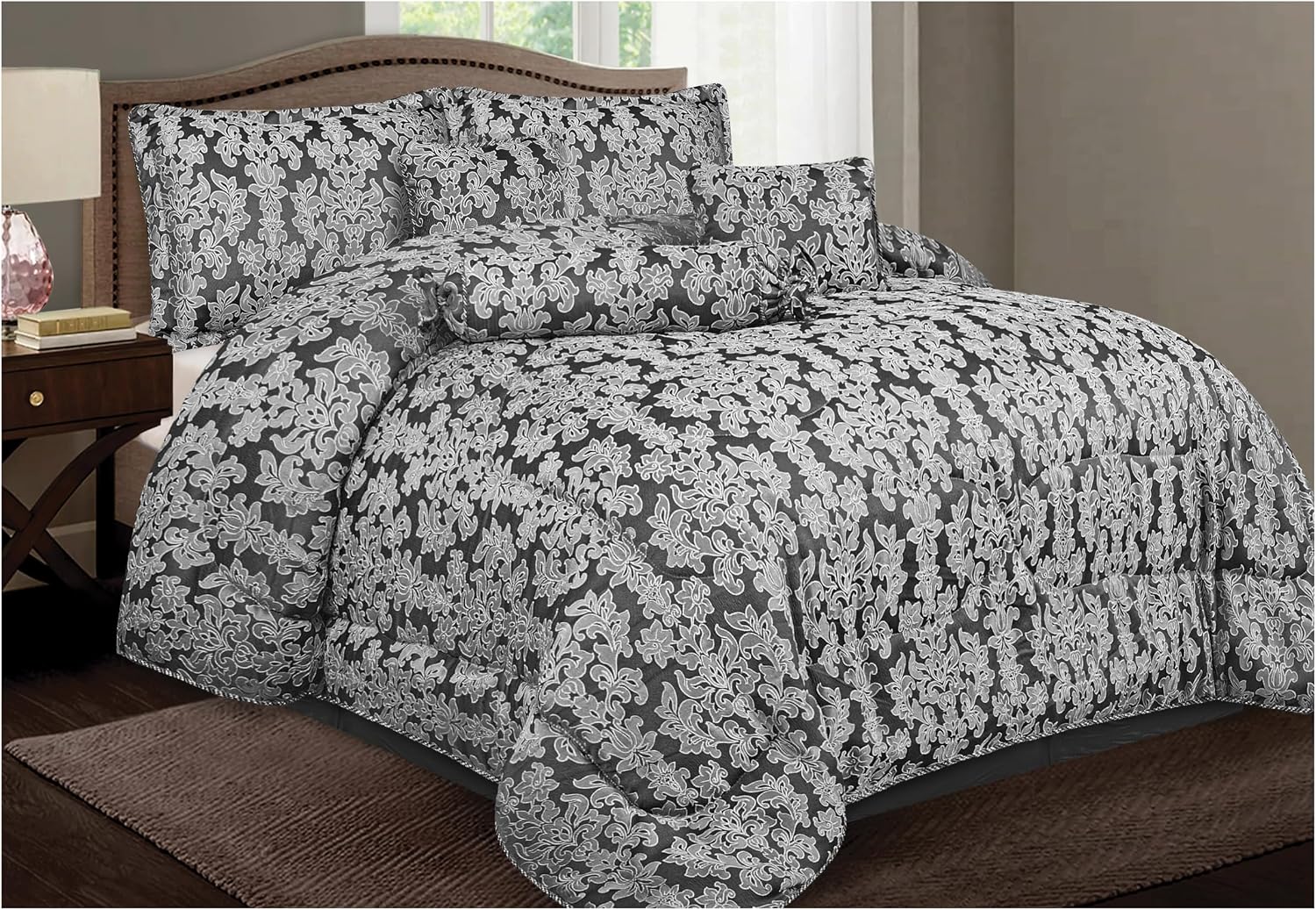 Opulent Living 7-Piece Jacquard Floral Comforter Bedding Set – Includes ...