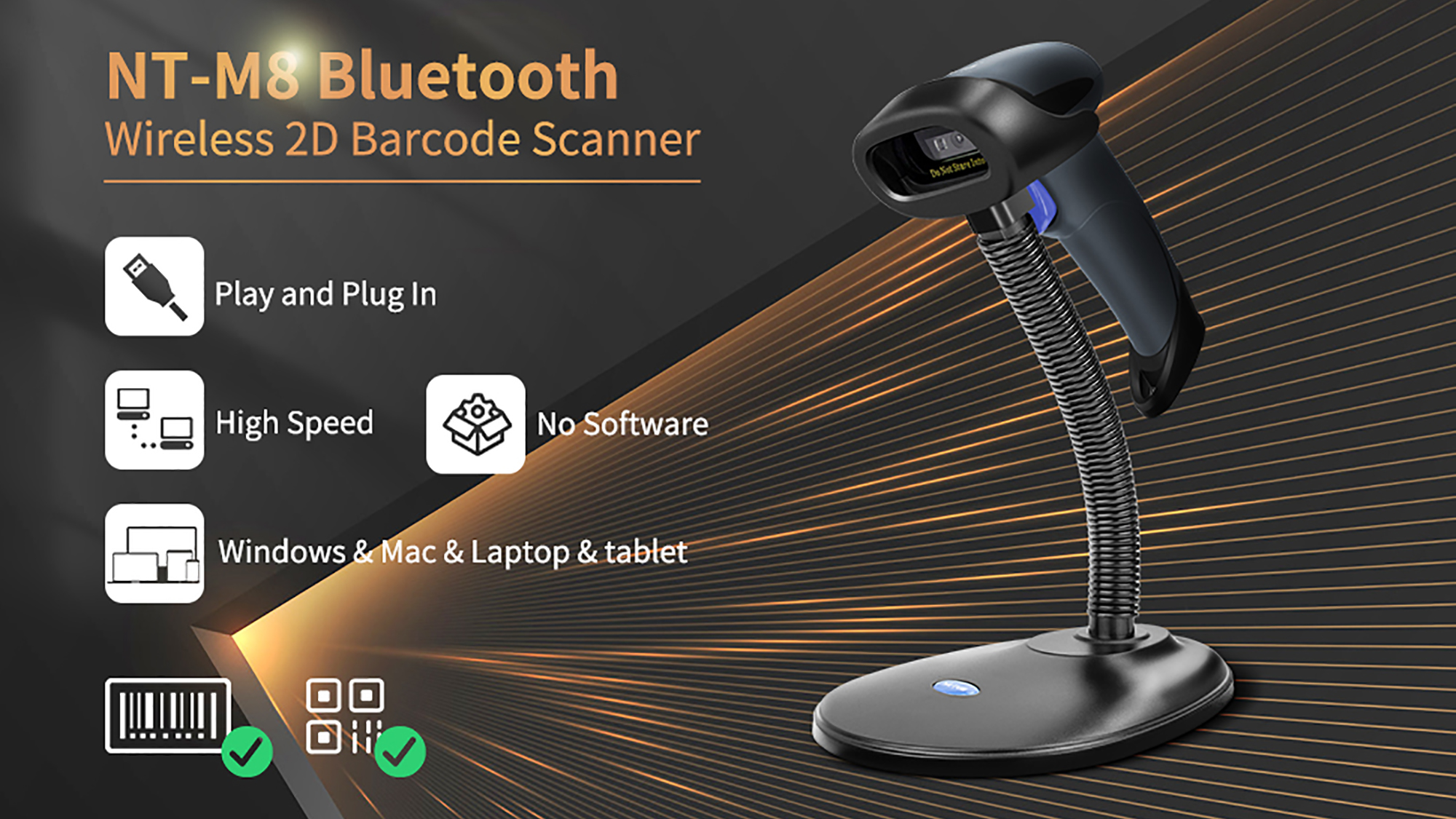 Watch NETUM Wireless Bluetooth 2D QR Barcode Scanner with Stand M8S on ...