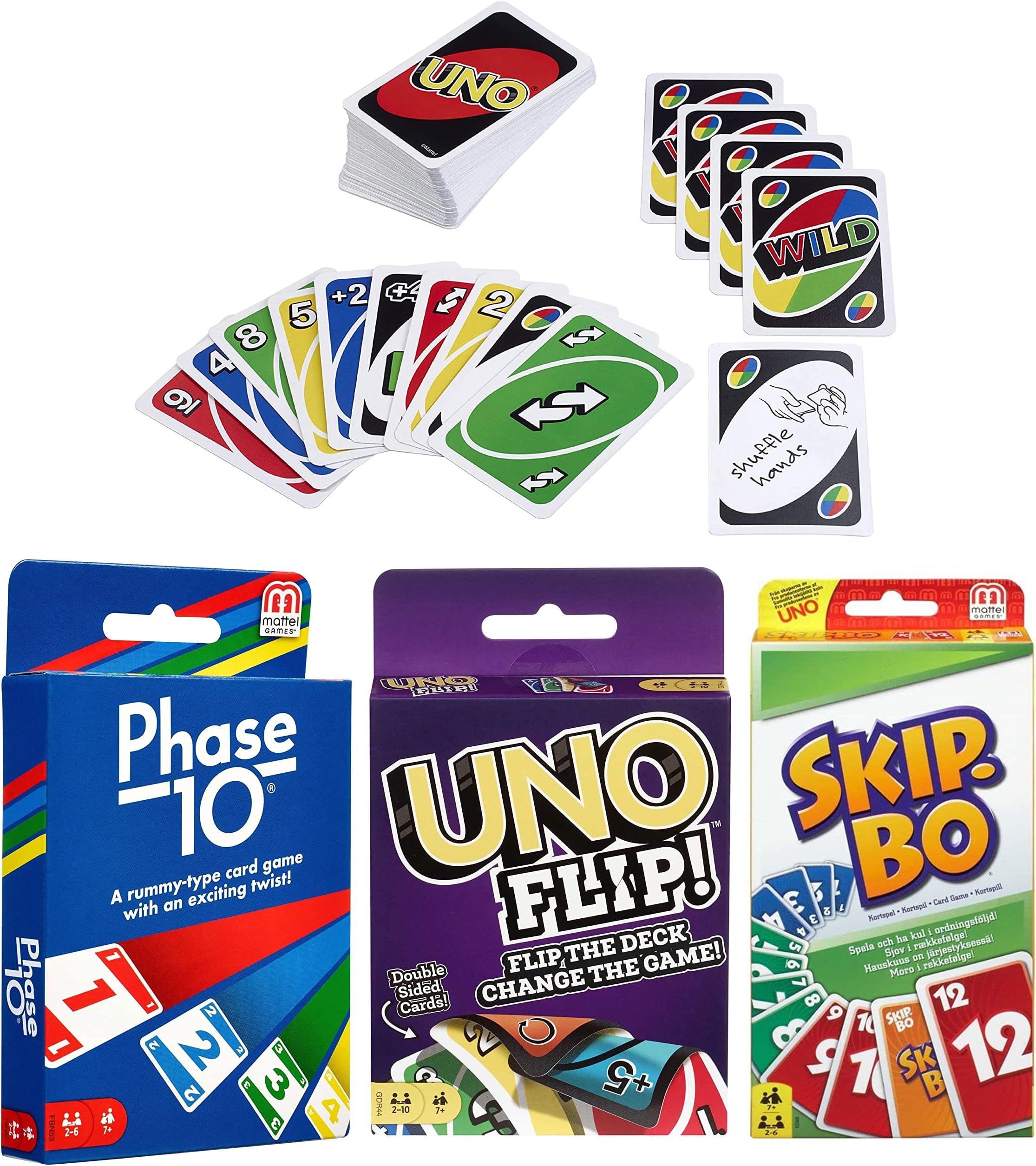 Mattel Uno Flip Side+Uno Playing Card Game+Phase 10 Card Game, Multi ...