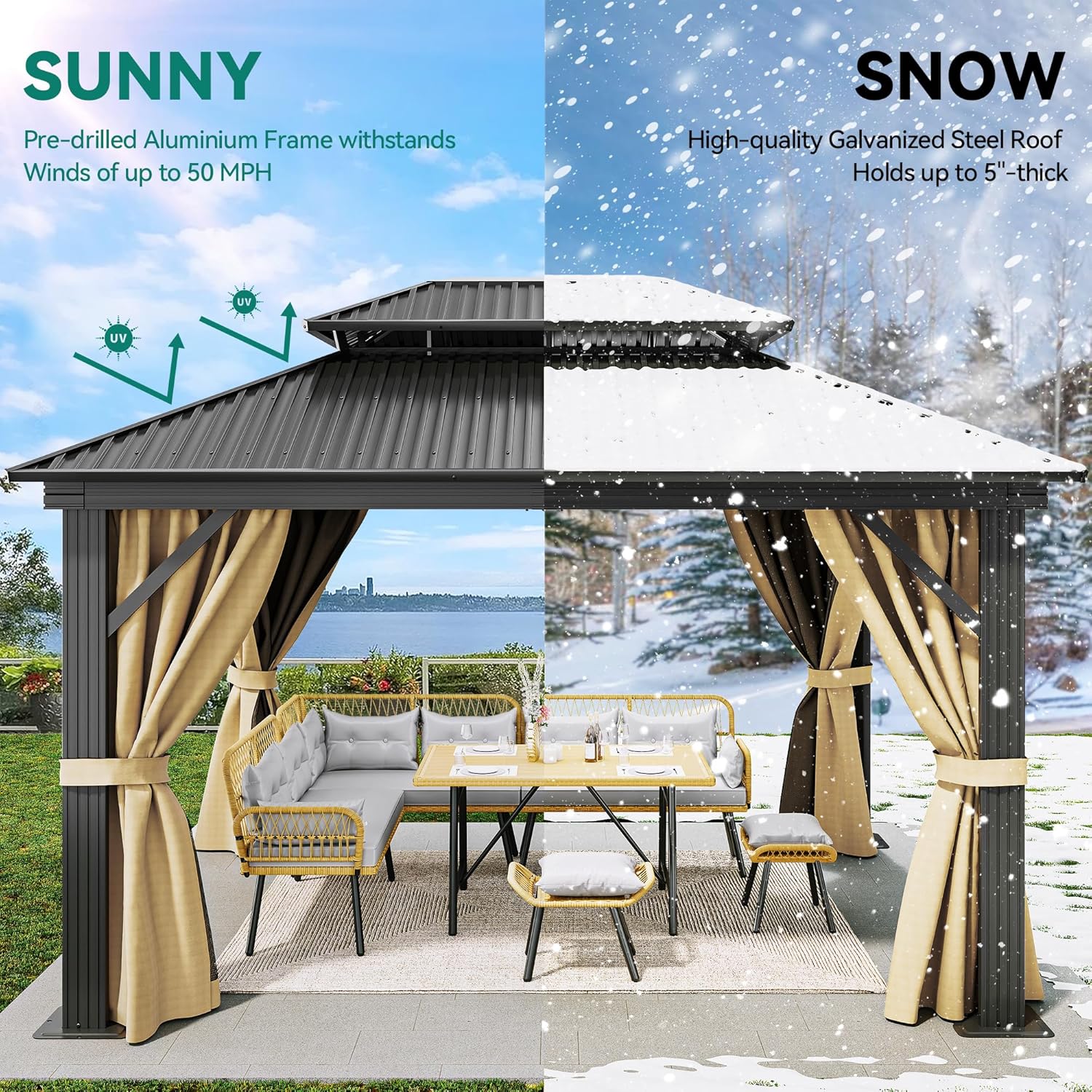 DWVO Gazebo de techo rígido de 12 x 14 pies, techo doble con redes y ...