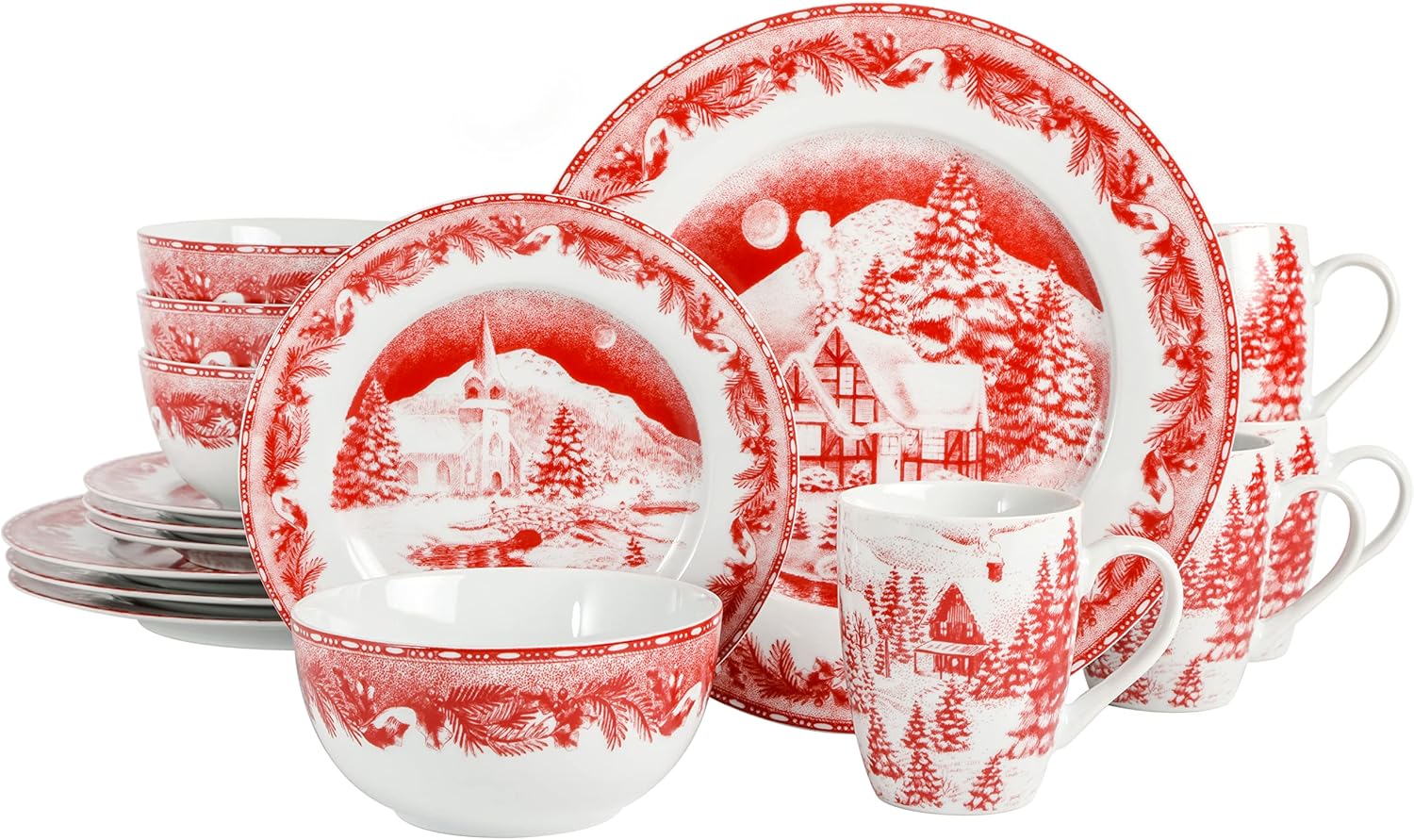 Amazon.com: Gibson Winter Cottage 16 Piece Dinnerware Set, Red: Home ...