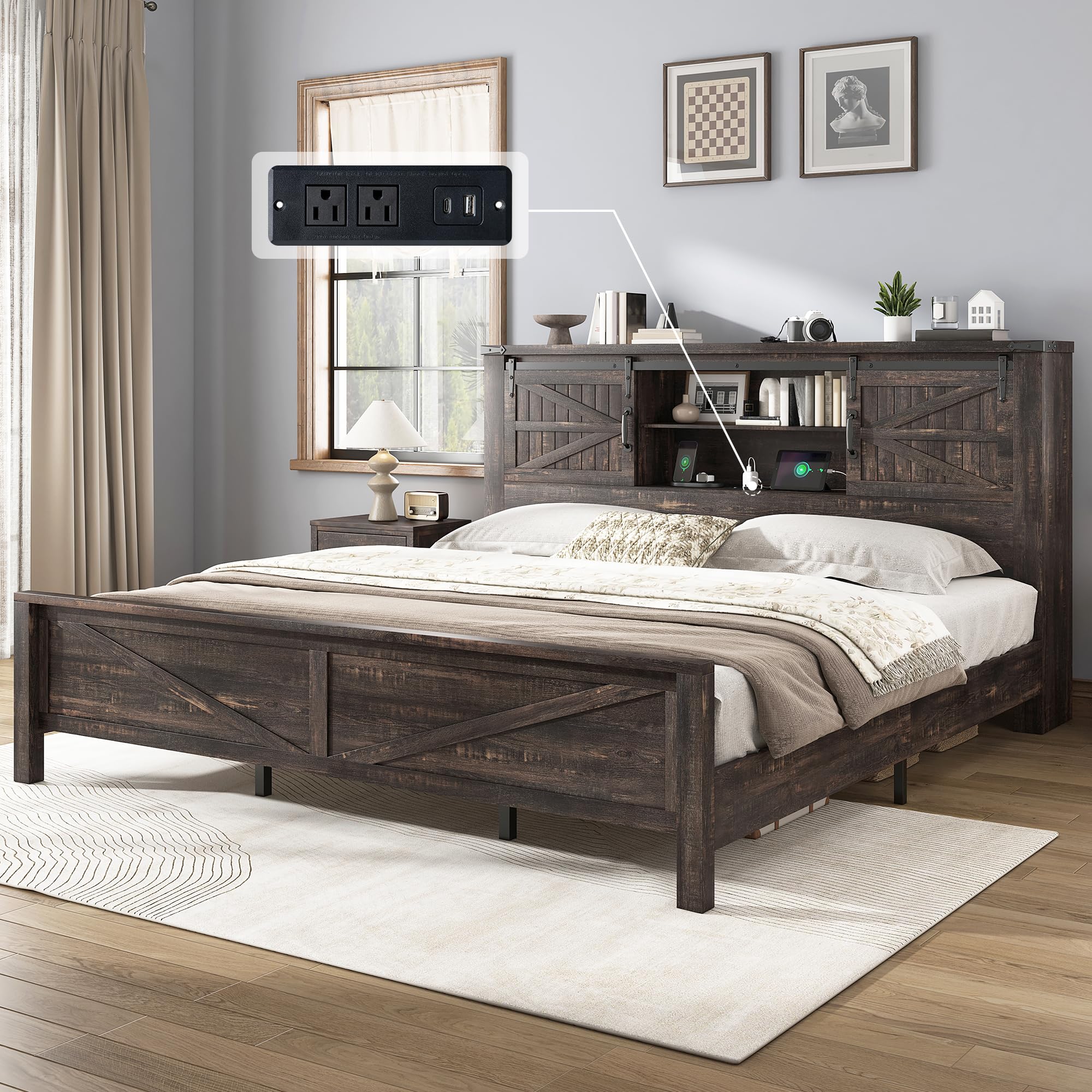 Amazon.com: AMERLIFE Farmhouse King Bed Frame, Rustic Wood Platform Bed ...