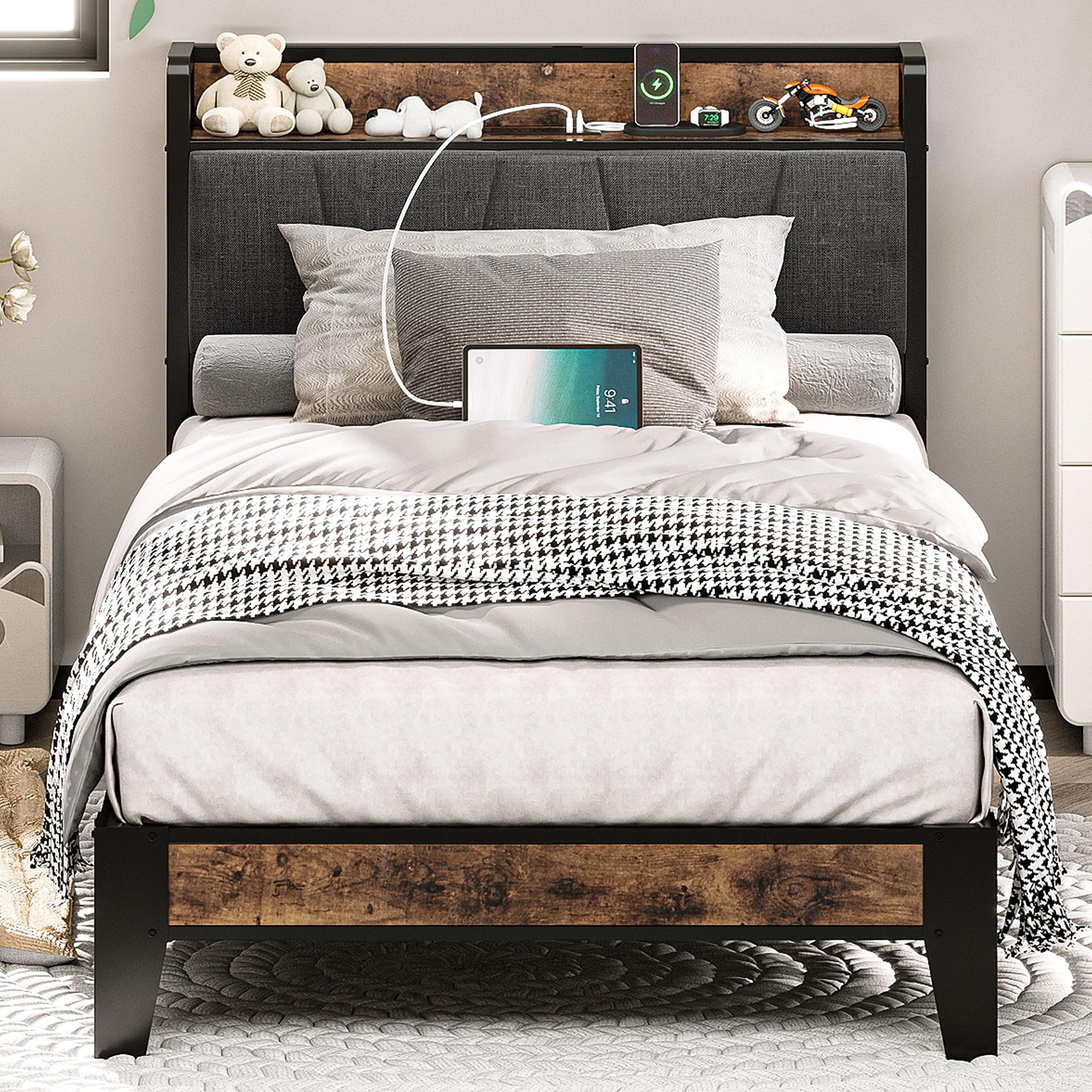 Amazon.com: QEROMY Twin Size Bed Frame - Storage Headboard with Galaxy ...